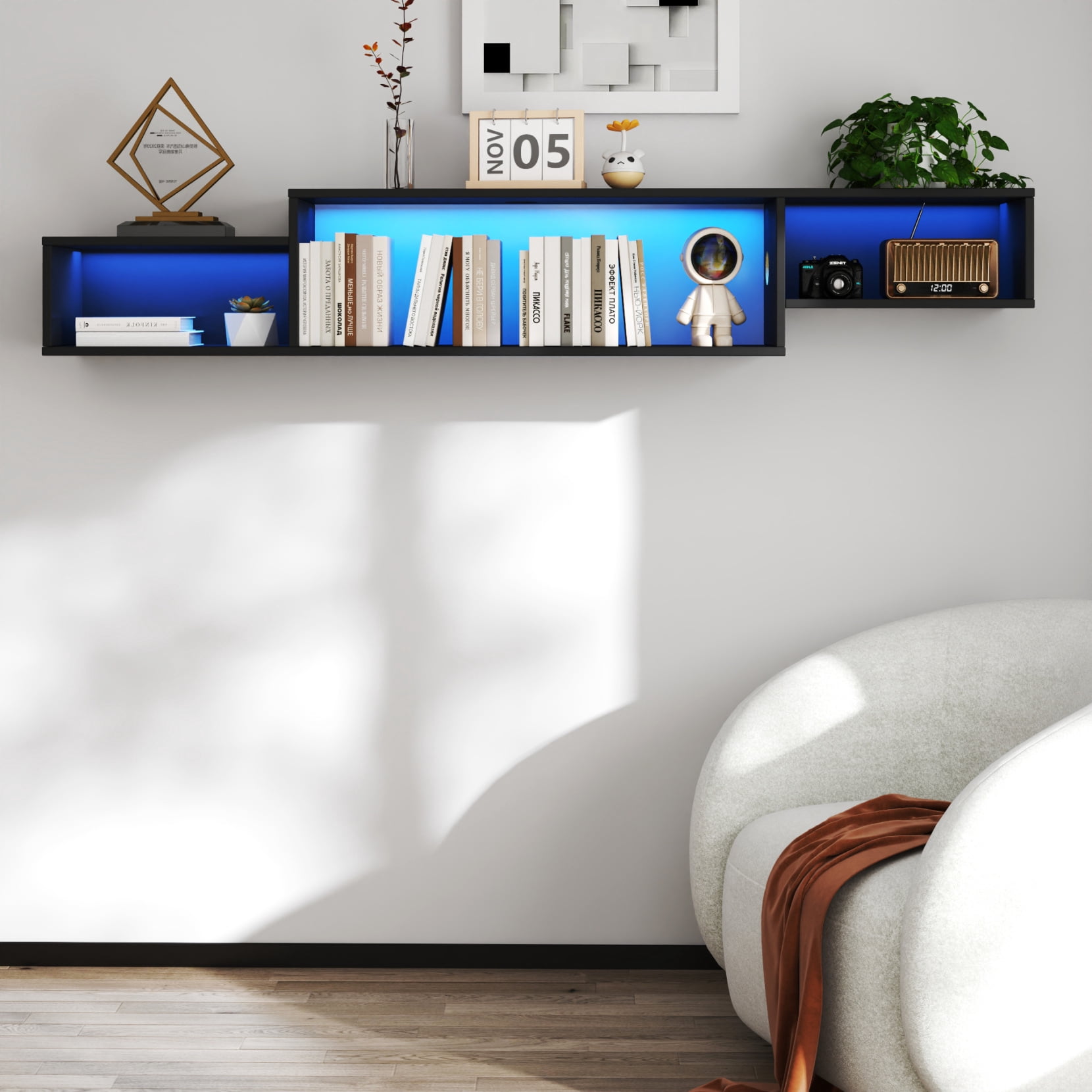 65.35in Wall Mounted Floating TV Stand with 20 Color LED Lights and ...