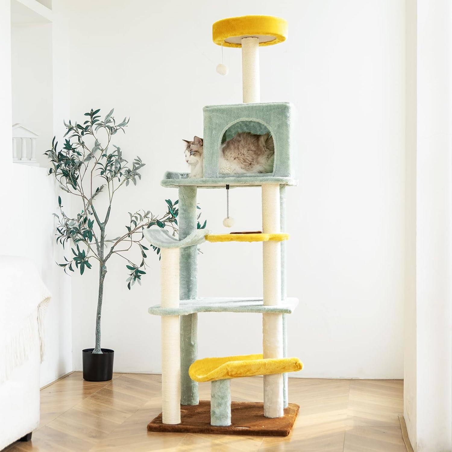 65.5 Inch Sunflower Cat Tree Tower Multi-Level Cat Condo with Plush ...