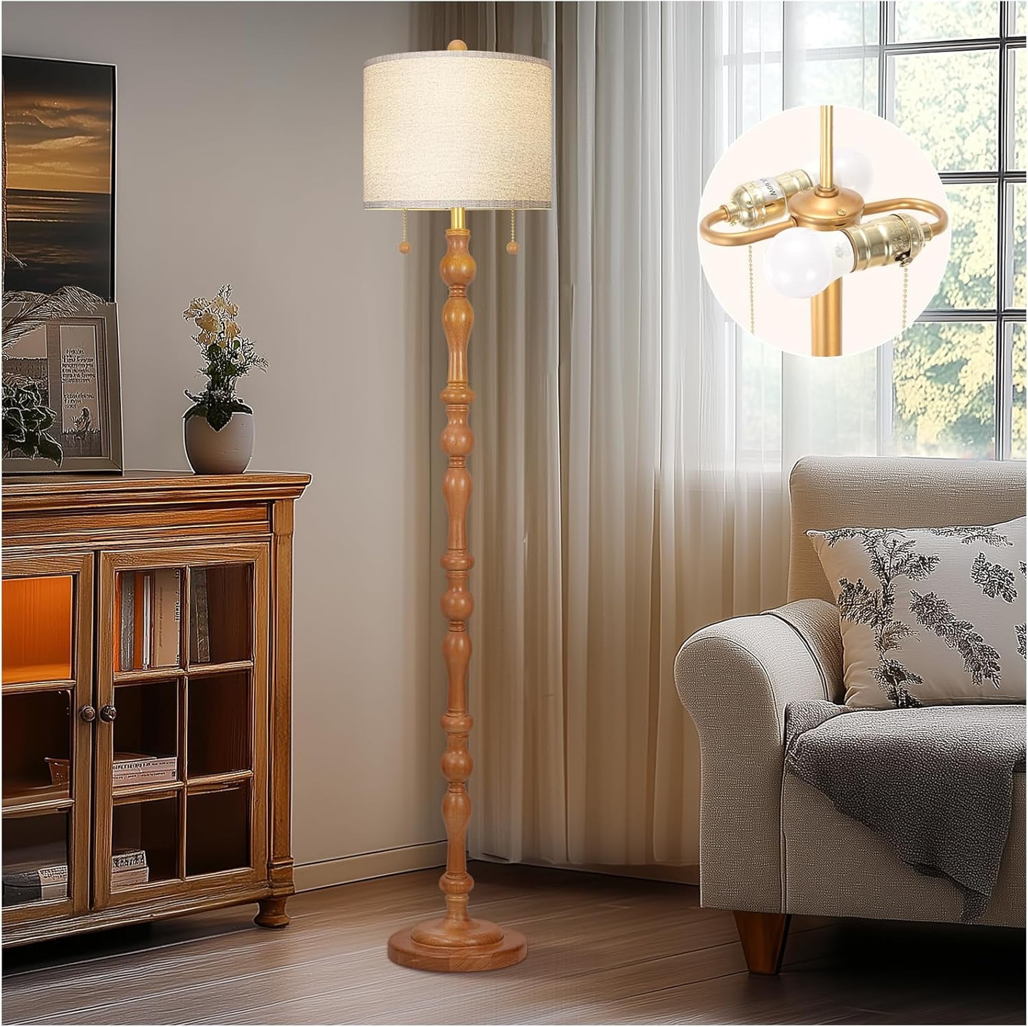 65.5" Natural Real Wood Floor Lamp with S Cluster Pull Chains Dual ...