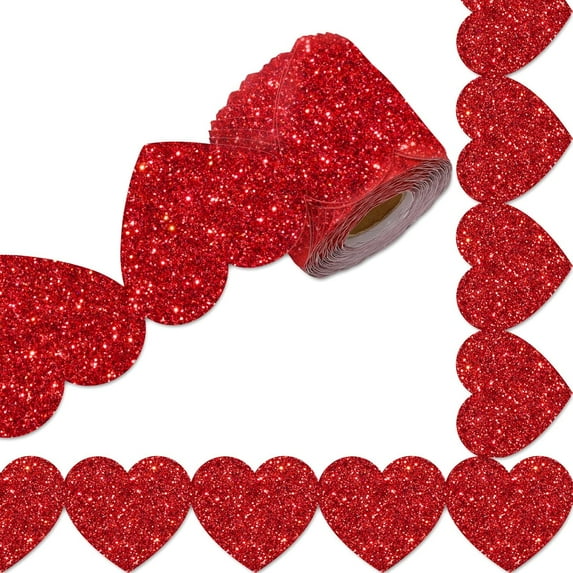 65.6ft Glitter Heart Bulletin Board Borders Red Heart Shaped Die-Cut ...