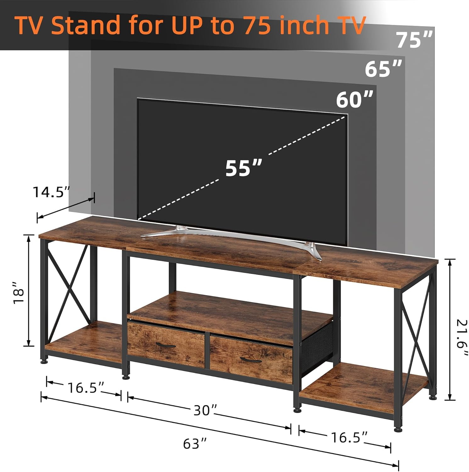 65–75" TV Stand with Fabric Drawers, Industrial TV Console Table with ...