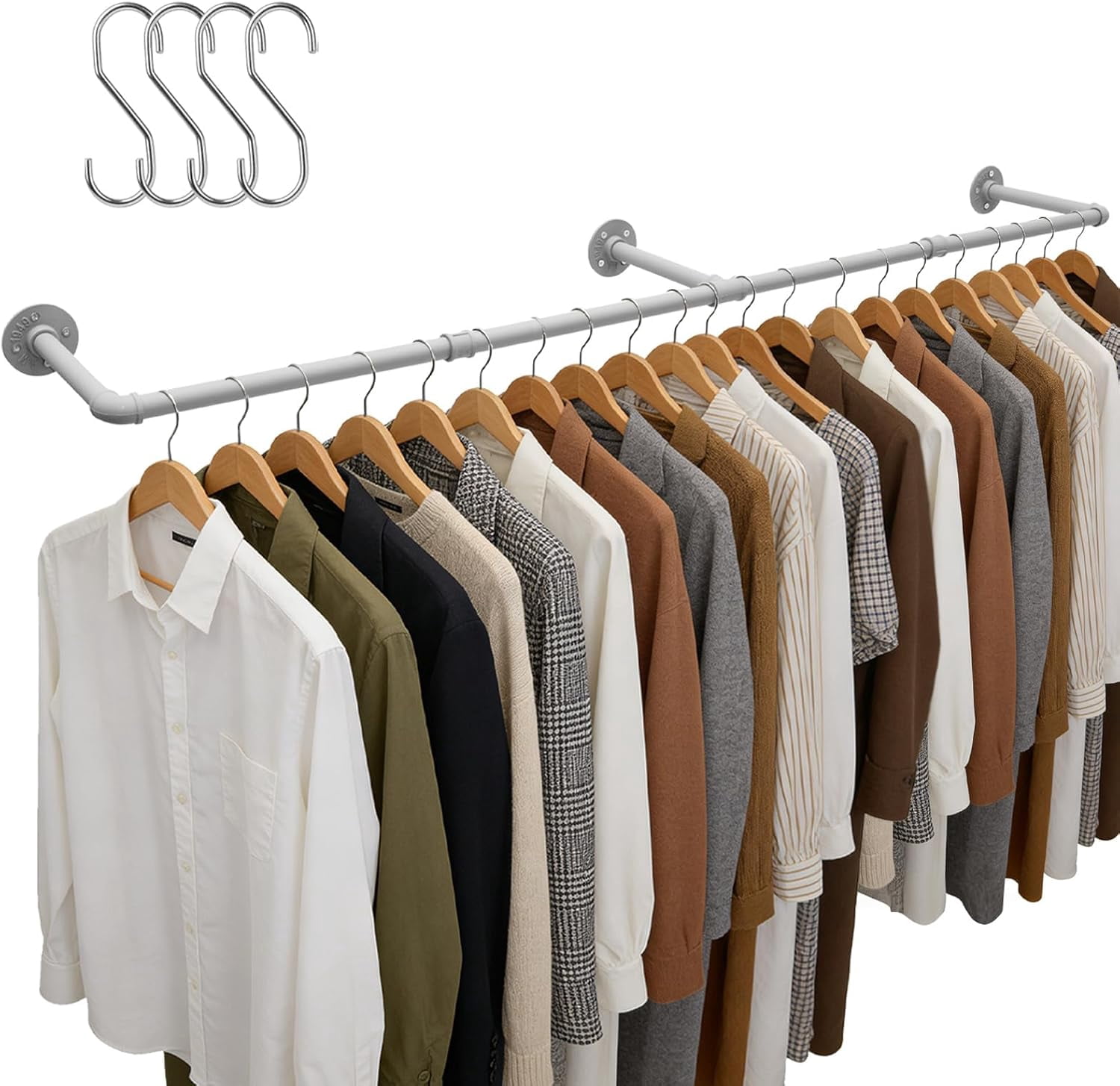 65.7in Industrial Pipe Wall Mounted Clothes Rack, Heavy Duty Detachable ...