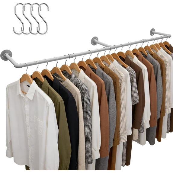 65.7in Industrial Pipe Wall Mounted Clothes Rack, Heavy Duty Detachable ...