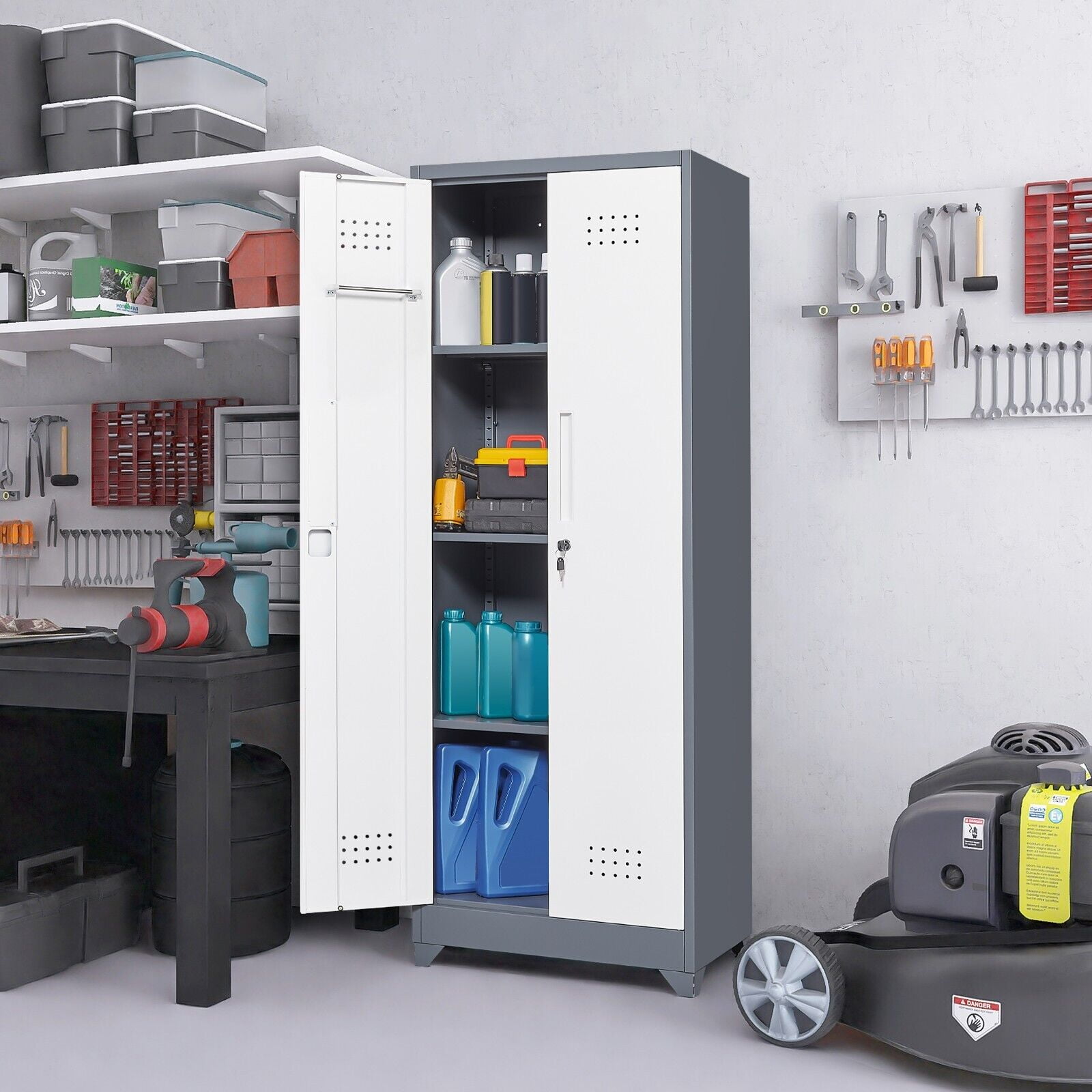 65" Broom Closet Storage Metal Storage Cabinet for Broom with Hanging ...