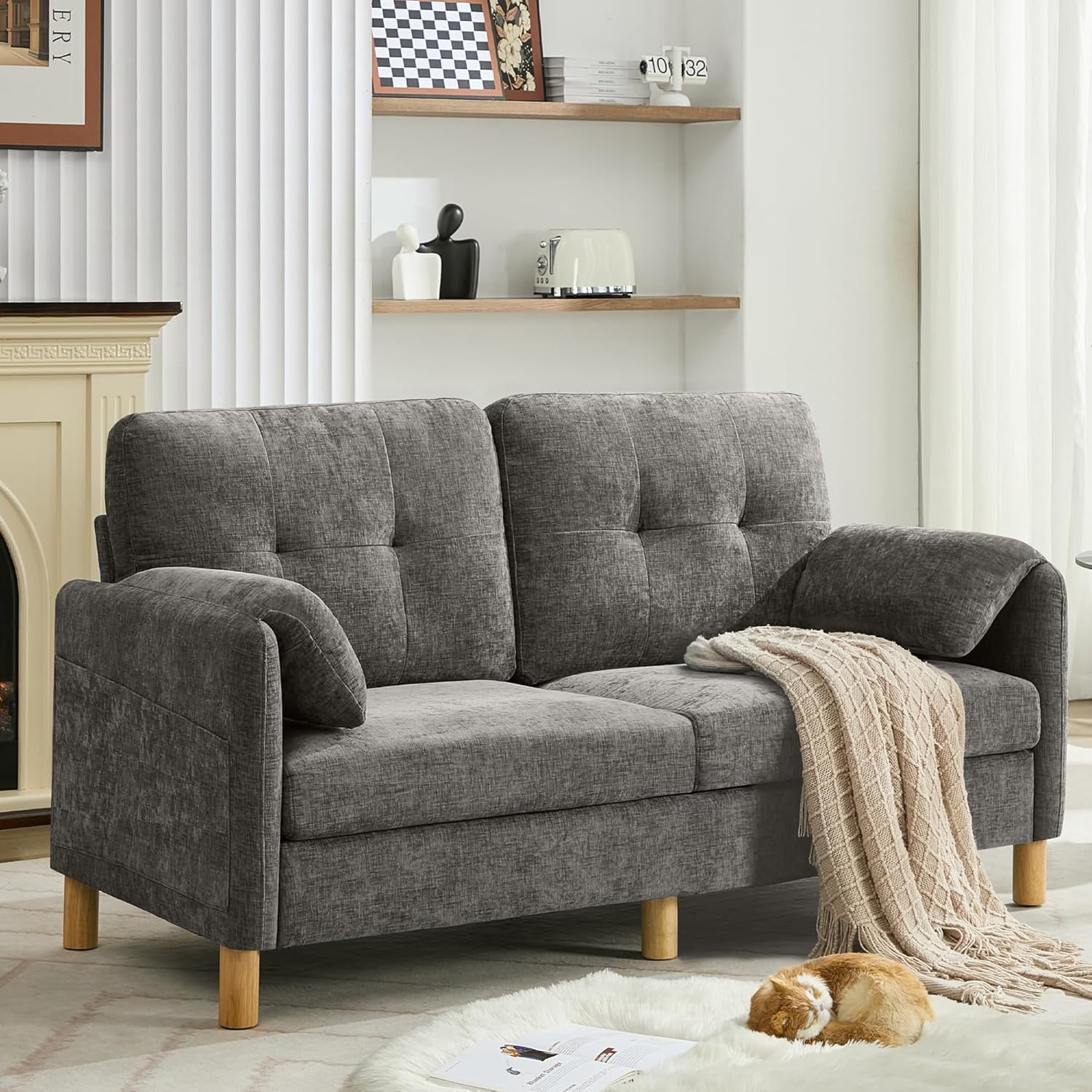 65" Chenille Loveseat Sofa, Modern 2-Seater Love Seat Couch with ...