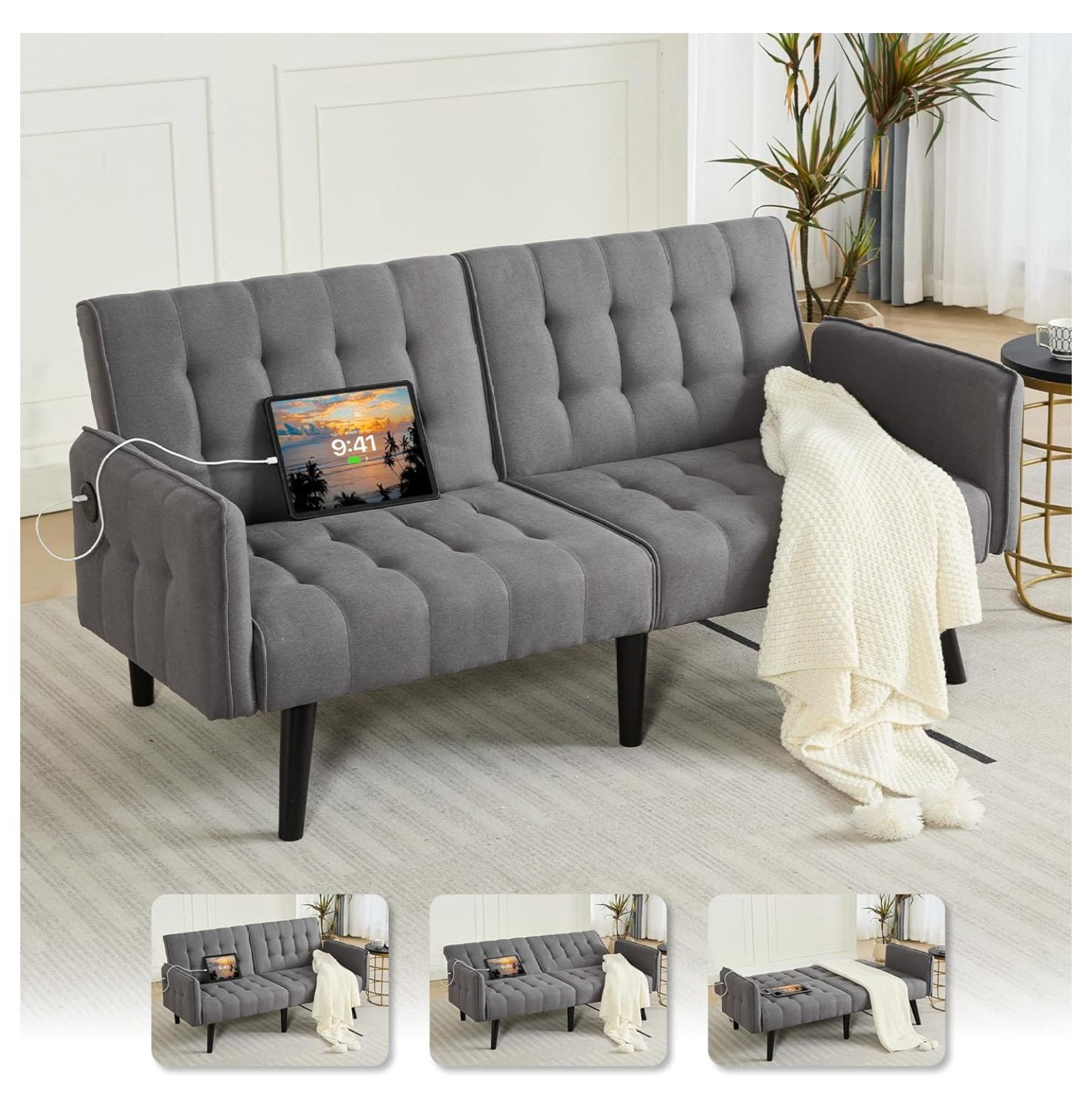 65" Convertible Futon Sofa Bed w/ 2 USB, Linen Blend Adjustable Folding ...