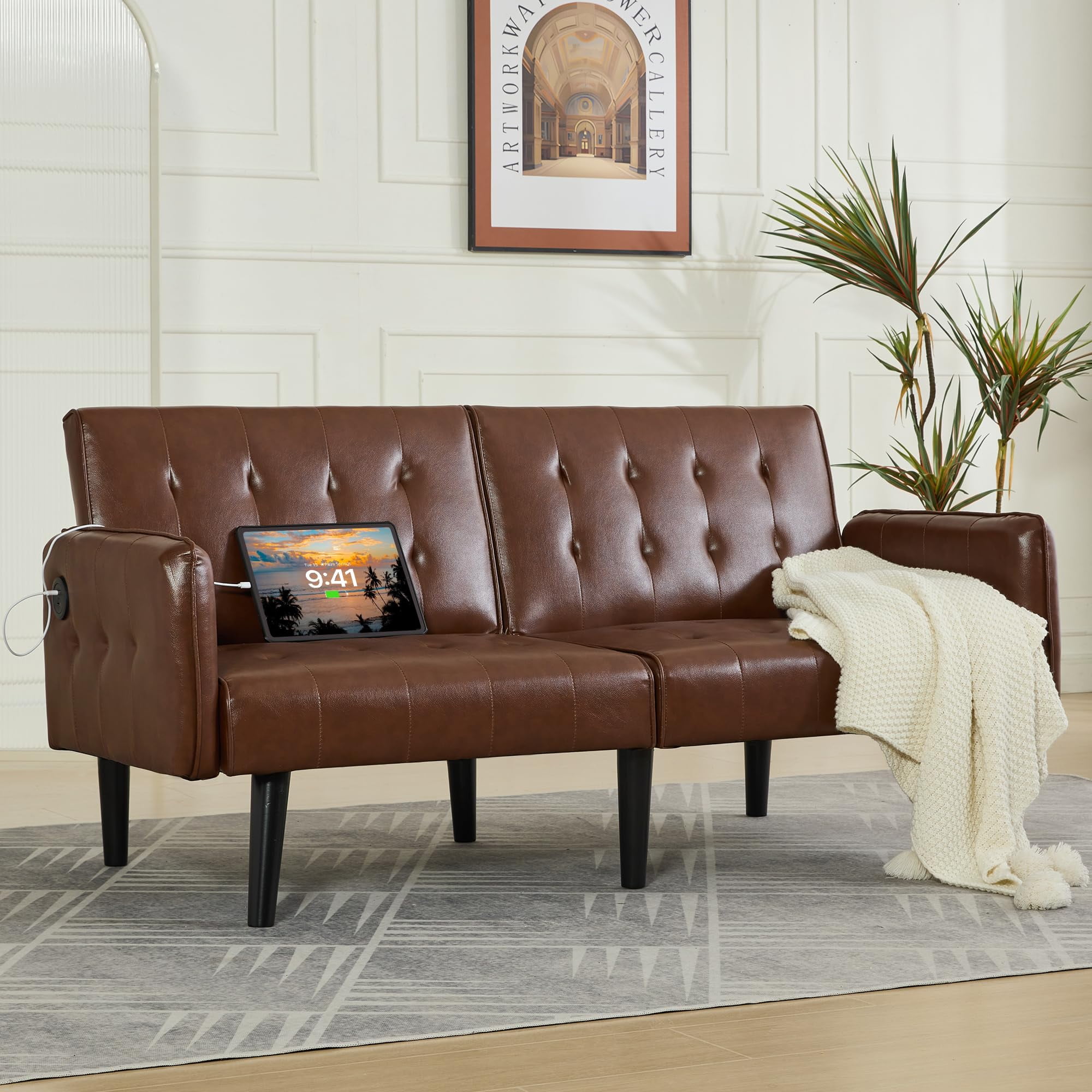65“ Convertible Futon Sofa Bed w/ 2 USB,Tufted Small Adjustable Folding ...