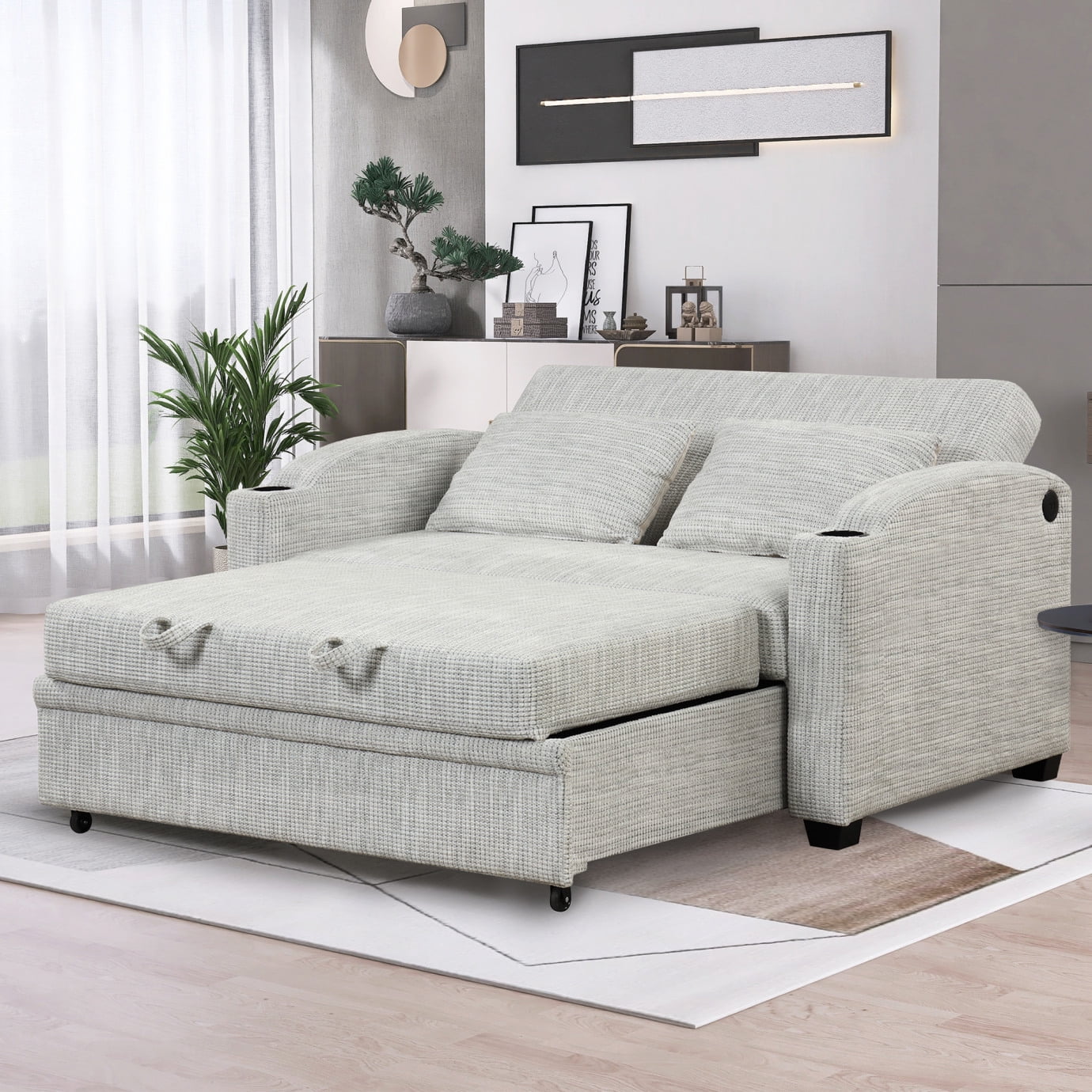65'' Convertible Sleeper Sofa Bed with 2 Arm Pockets, Cup Holders, USB ...