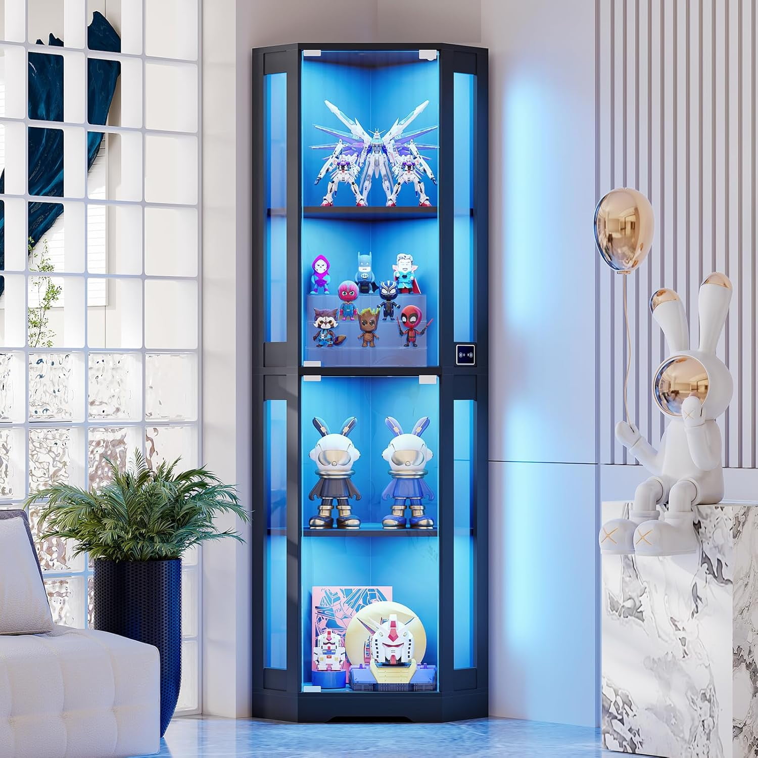 65" Corner Glass Display Cabinet with LED Lights, 4-Tier Showcase ...