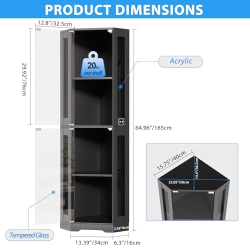 65" Corner Glass Display Cabinet with LED Lights, 4-Tier Showcase ...