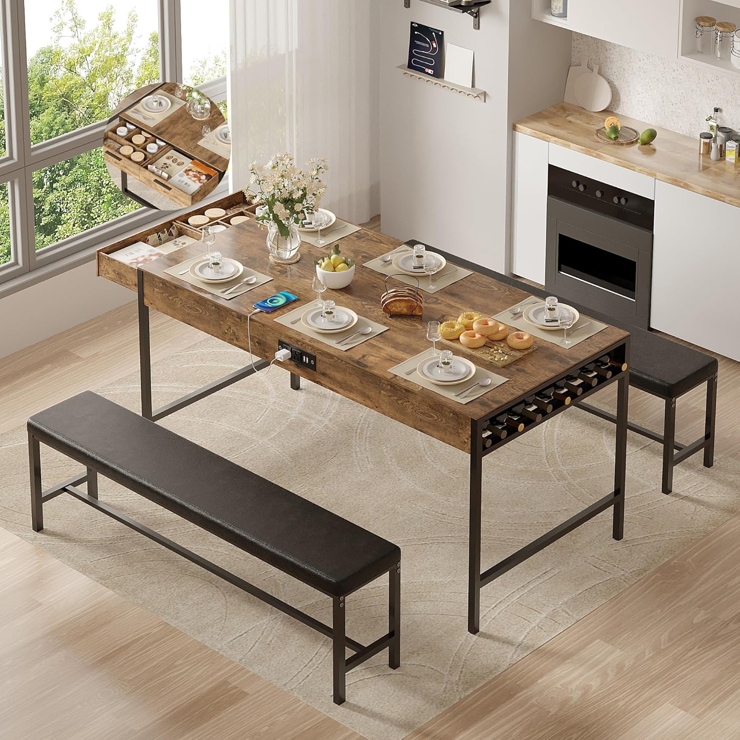 65" Dining Table Set for 4-6, 3-Piece Kitchen Set with 2 Utensil ...