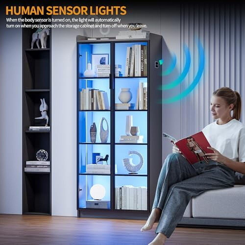 65" Display Cabinet with Acrylic Door, LED Bookcase with Human Sensor 3 ...