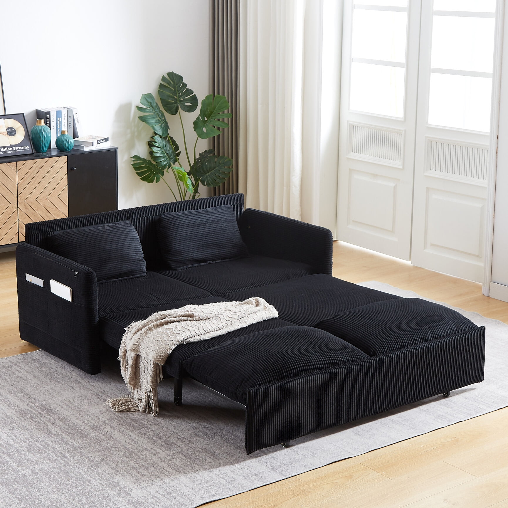 65" Futon Sofa Bed, 3-in-1 Convertible Sleeper with Pull-Out Bed & Side ...