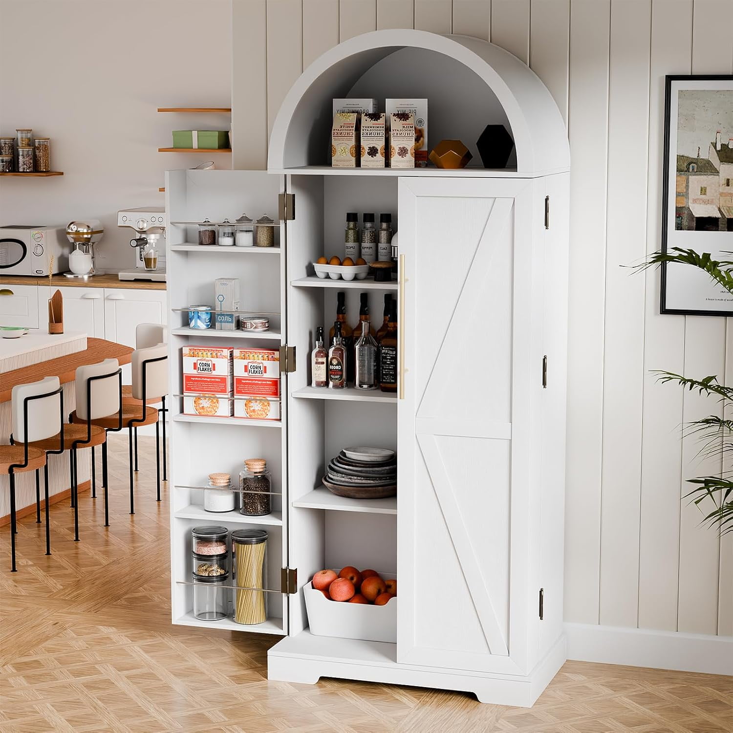 65" H Arched Kitchen Pantry, Modern Cupboard Storage Cabinet with 10 ...