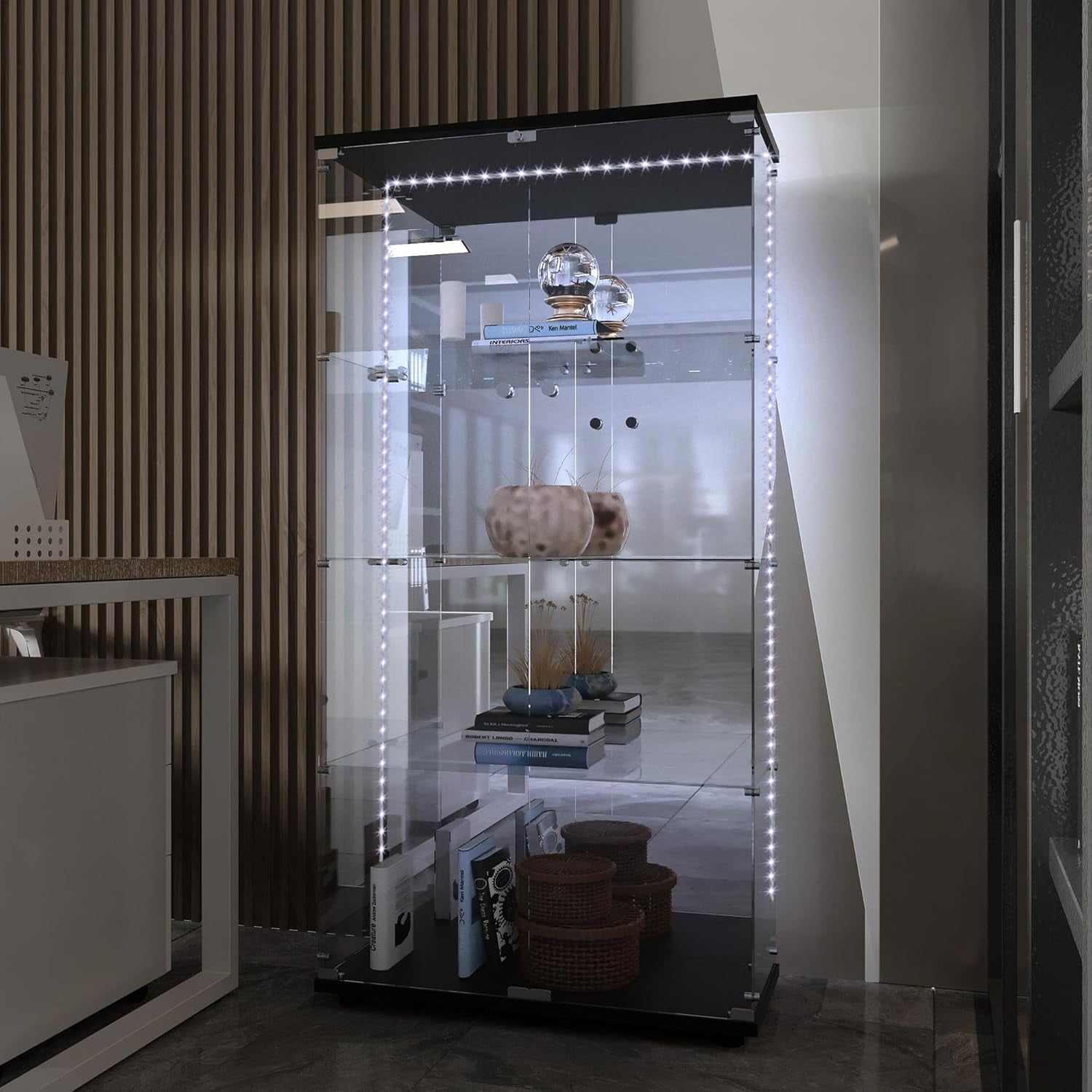 65"H Glass Display Cabinet with LED Lights & Mirror Back Panel, 2 Doors ...
