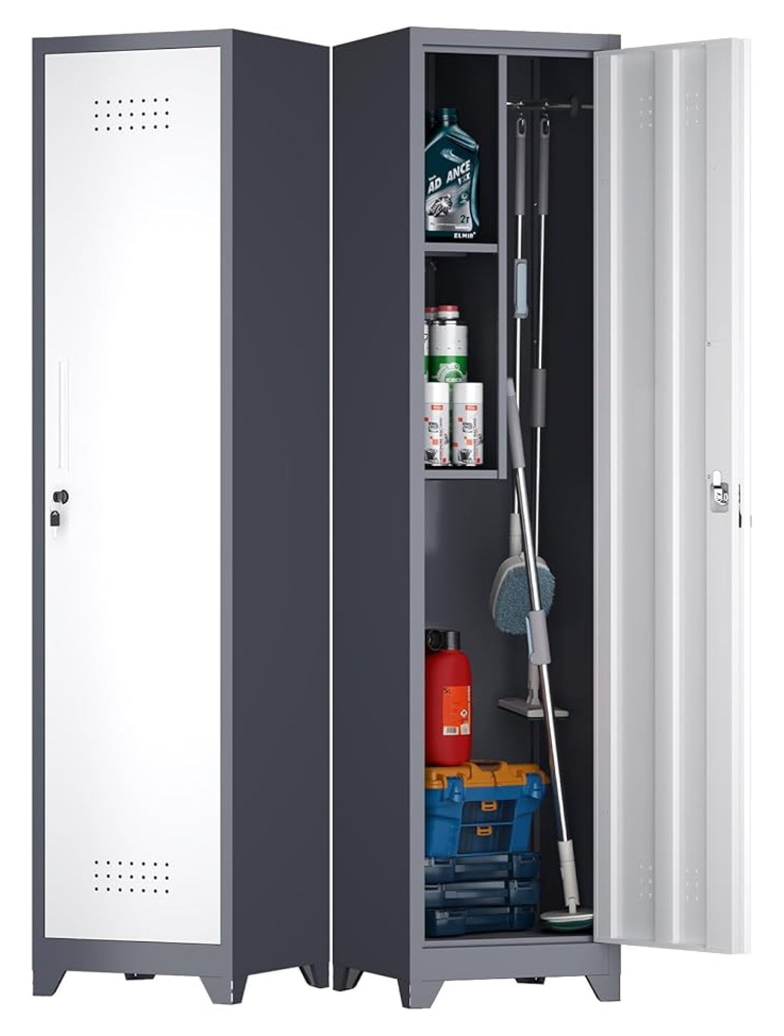65" H Slim Broom Storage Cabinets, Metal Broom Closet with Hanging Rod ...