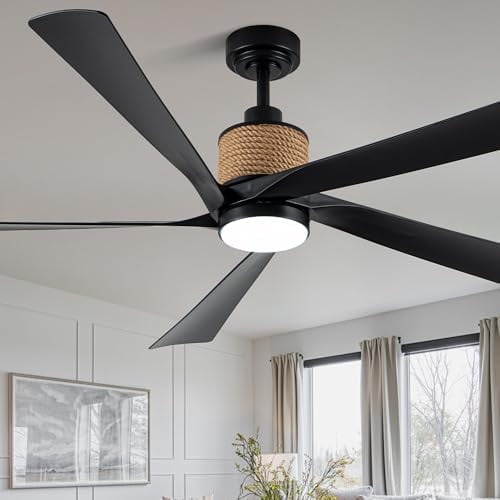 65" Hemp Rope Ceiling Fan with Light, Farmhouse Large Ceiling Fans with ...