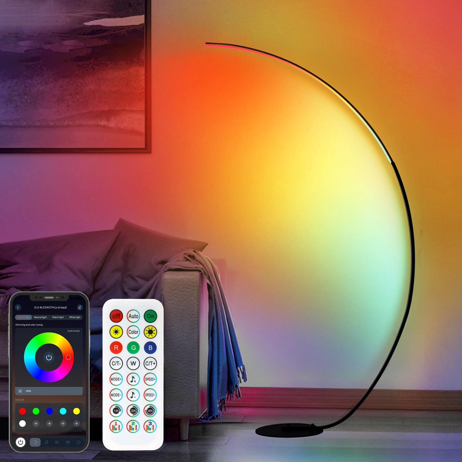 65 Inch Arched RGB Standing Floor Lamp With Remote - Dimmable Modern ...