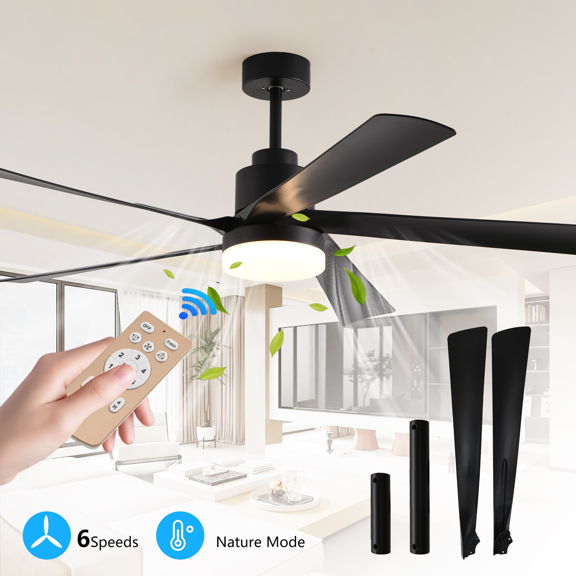 65 Inch Black Ceiling Fan with Light, 5-Blade Dimmable LED Ceiling Fan ...