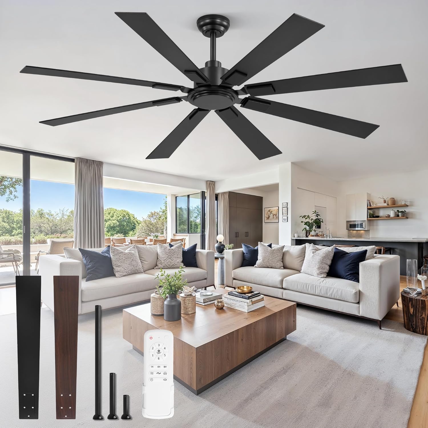 65 Inch Ceiling Fan No Light with Remote, Black Large Ceiling Fan ...