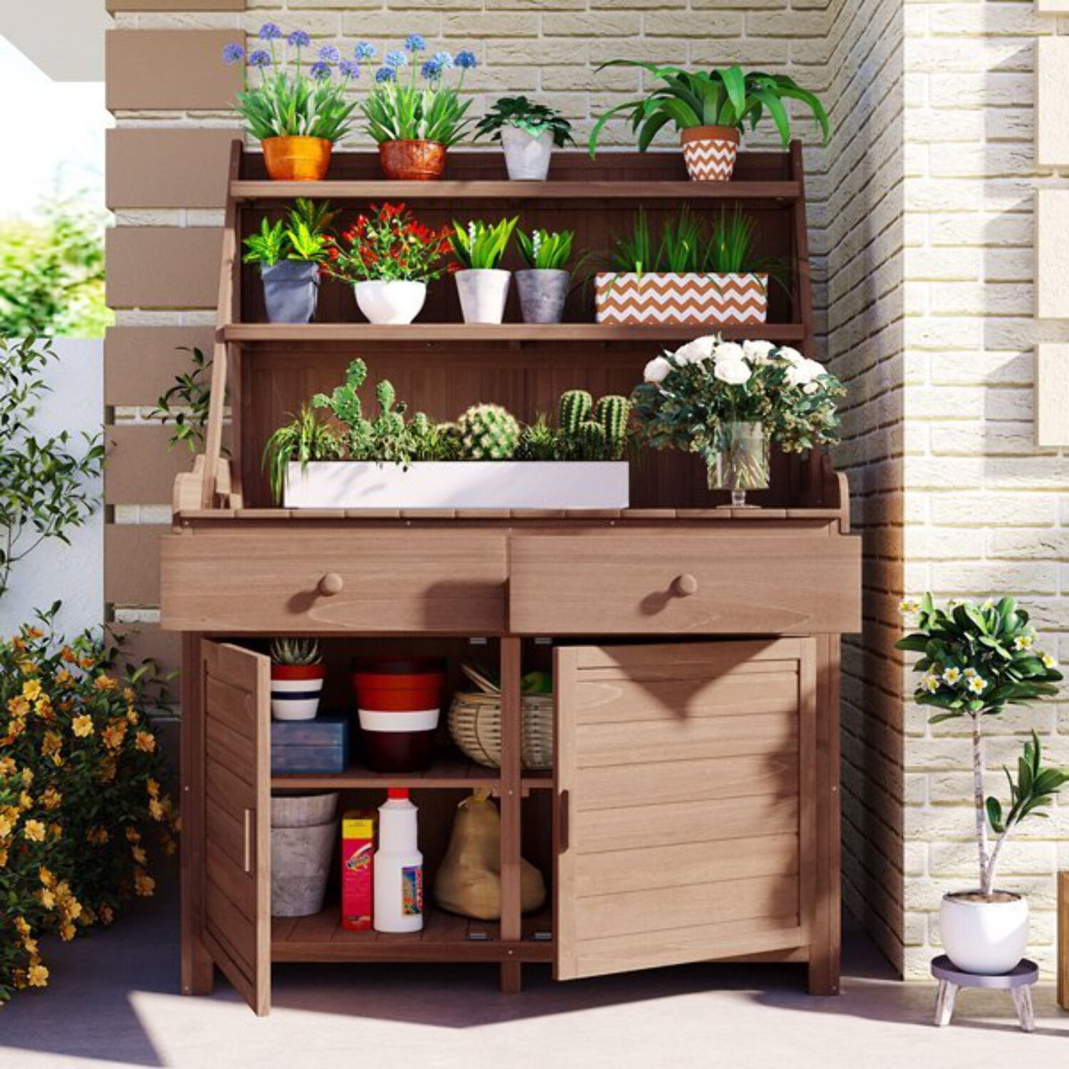 65 Inch Garden Potted Plant Workbench Table, Cedar Workbench With ...