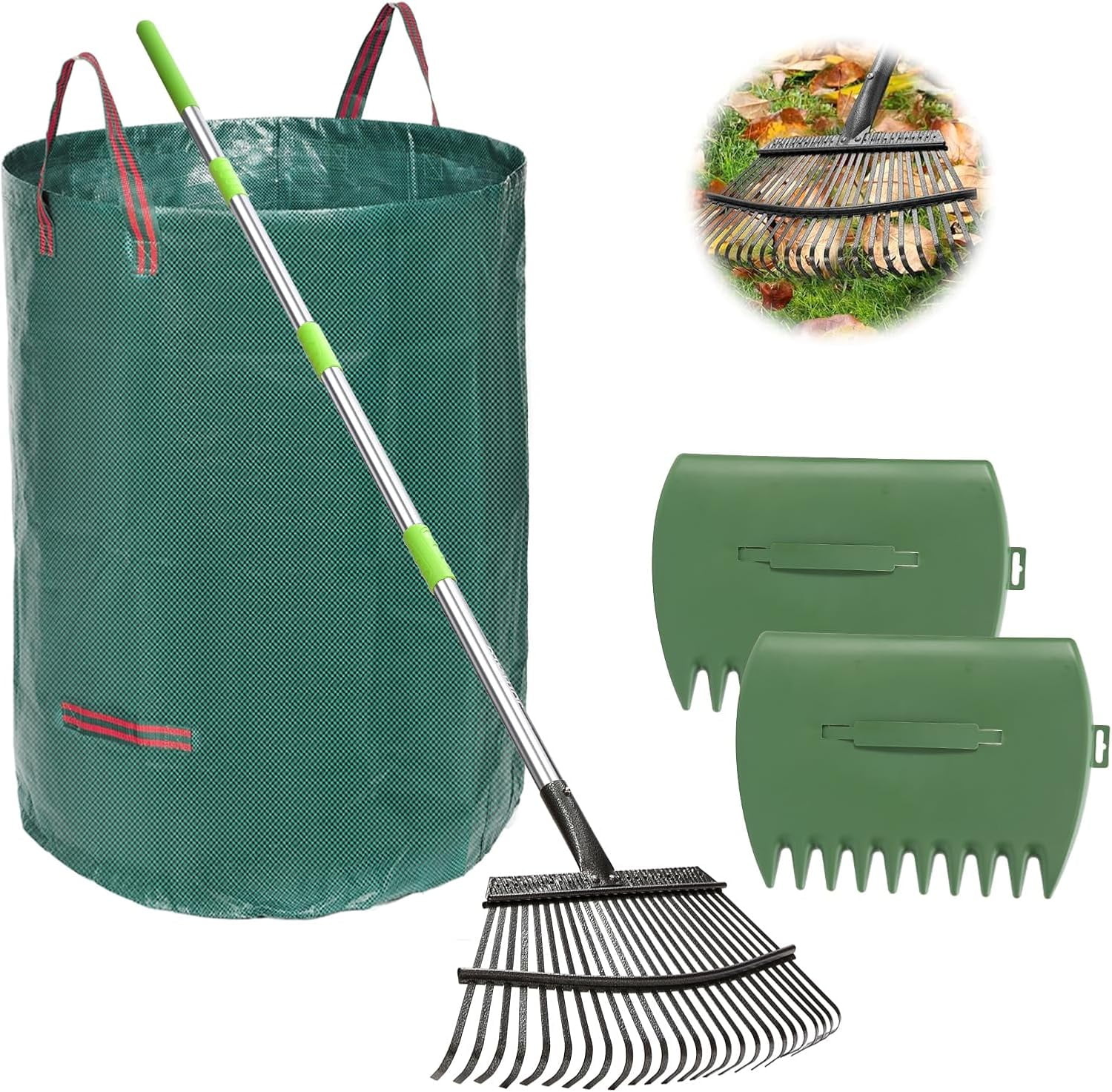 65 Inch Rake for Leaves, 25 Tines Metal Leaf Rake Set with 32 Gallon ...