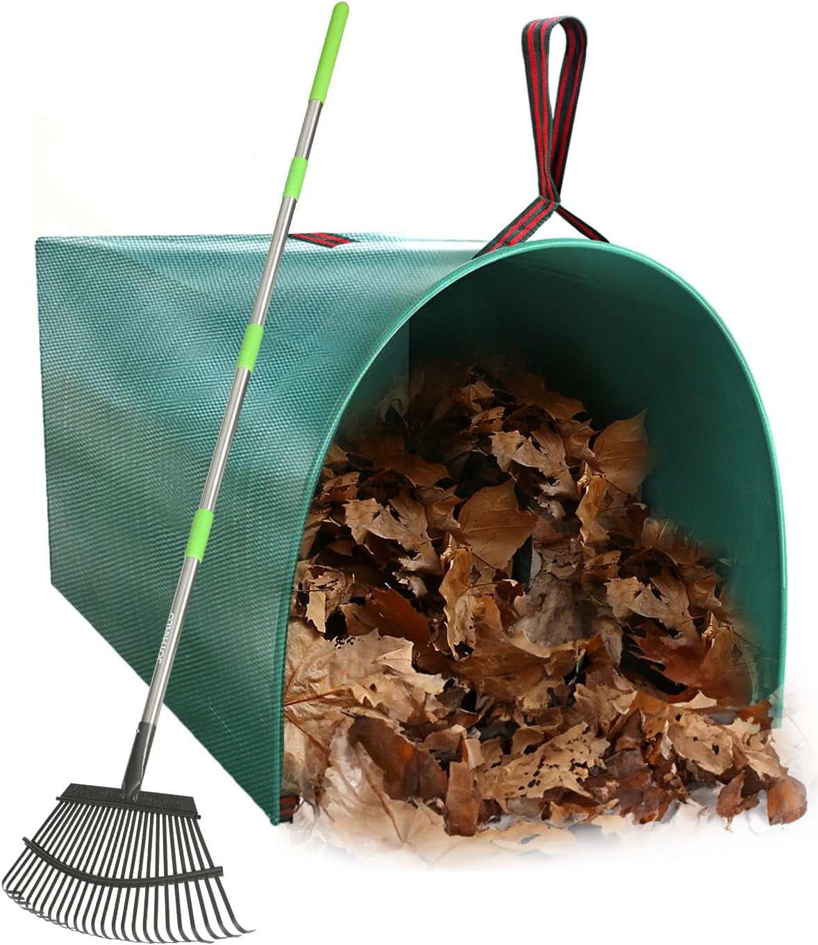 65 Inch Rake for Leaves, 25 Tines Metal Leaf Rake Set with 32 Gallon ...