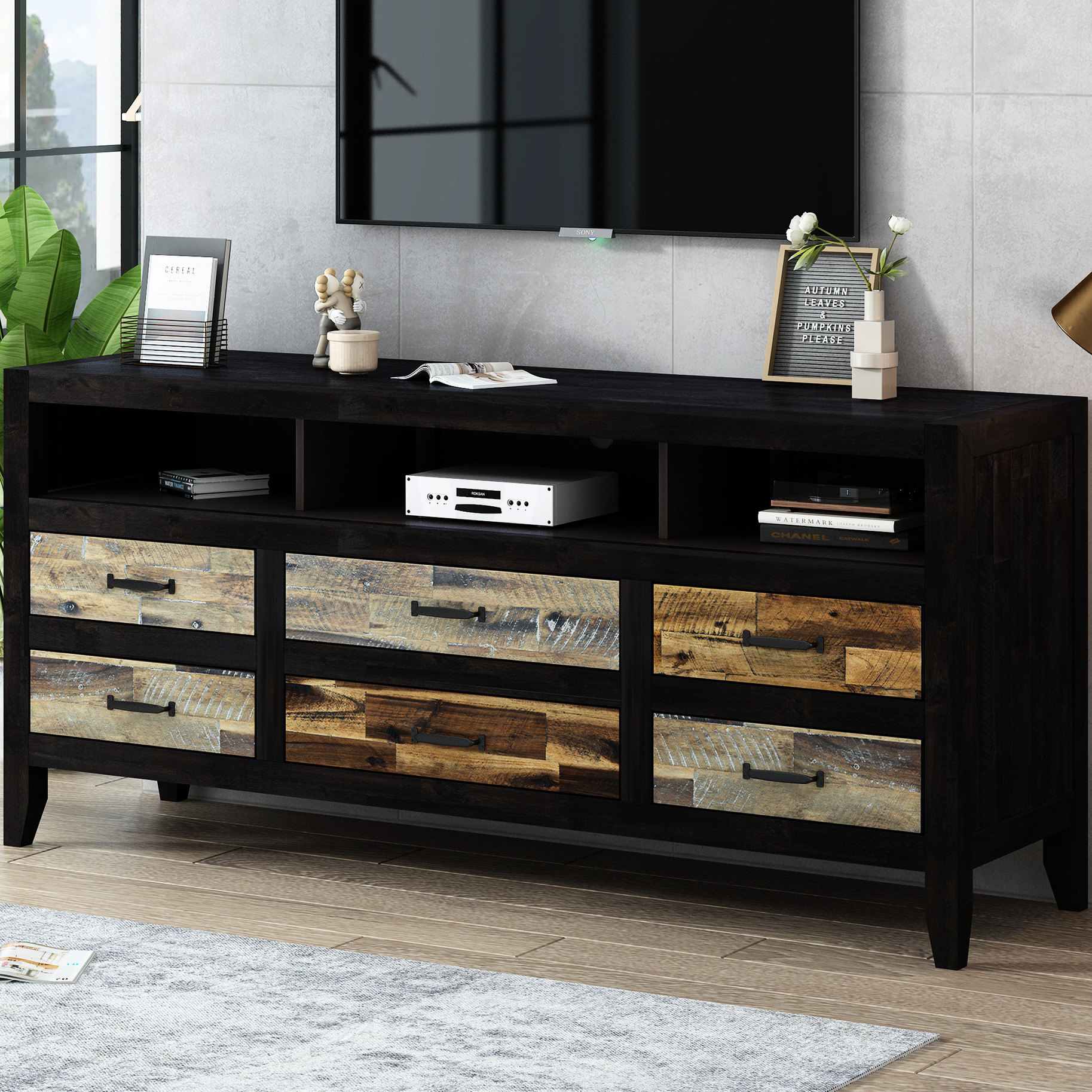 65 - Inch Retro TV Stand for Living Room | With 6 Drawers and 3 Shelves ...