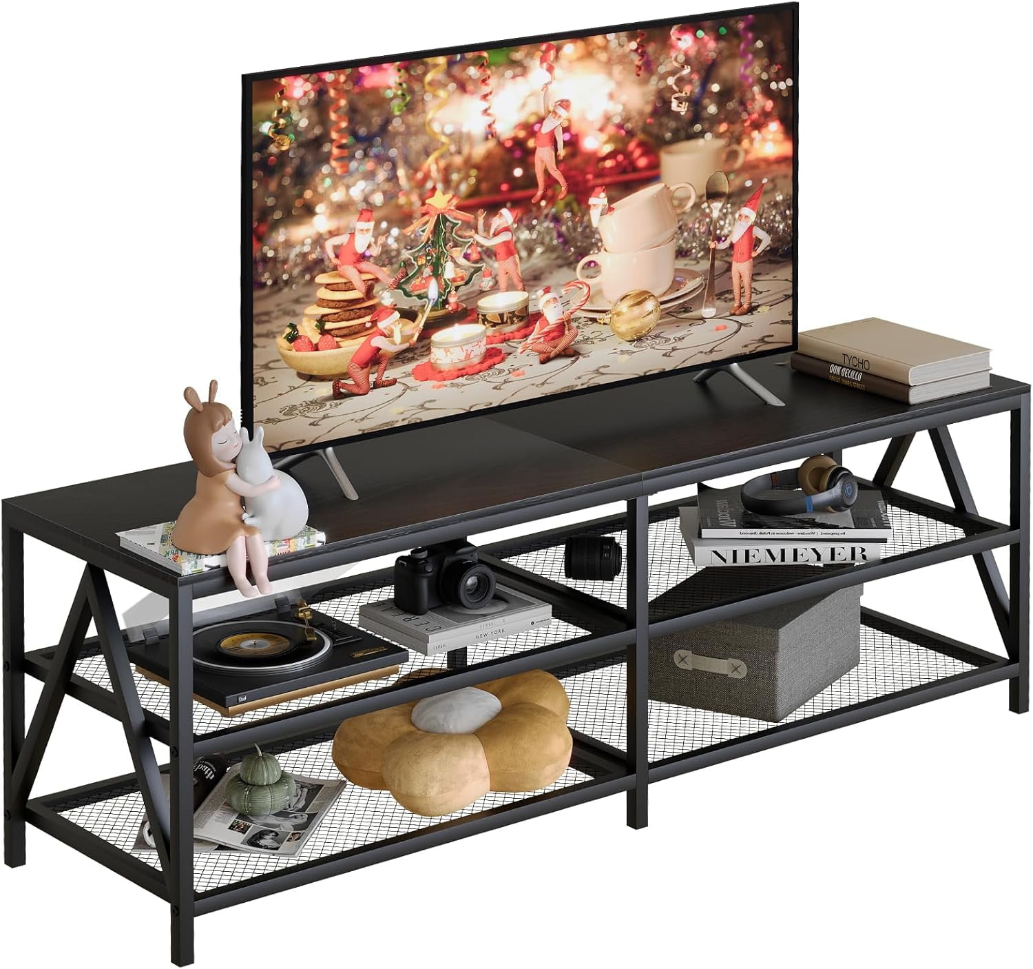 65 Inch TV Stand, 55" Long TV Cabinet with 3-Tier Storage Shelves ...