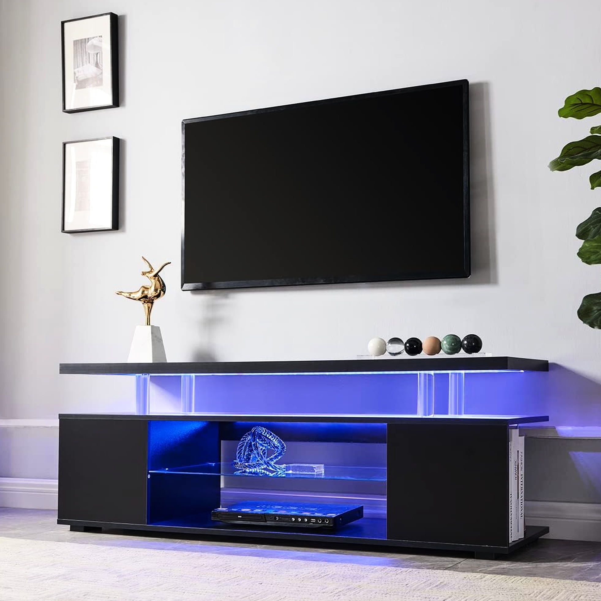 65 Inch Tv Stand In Black - Ample Storage Entertainment Center With ...