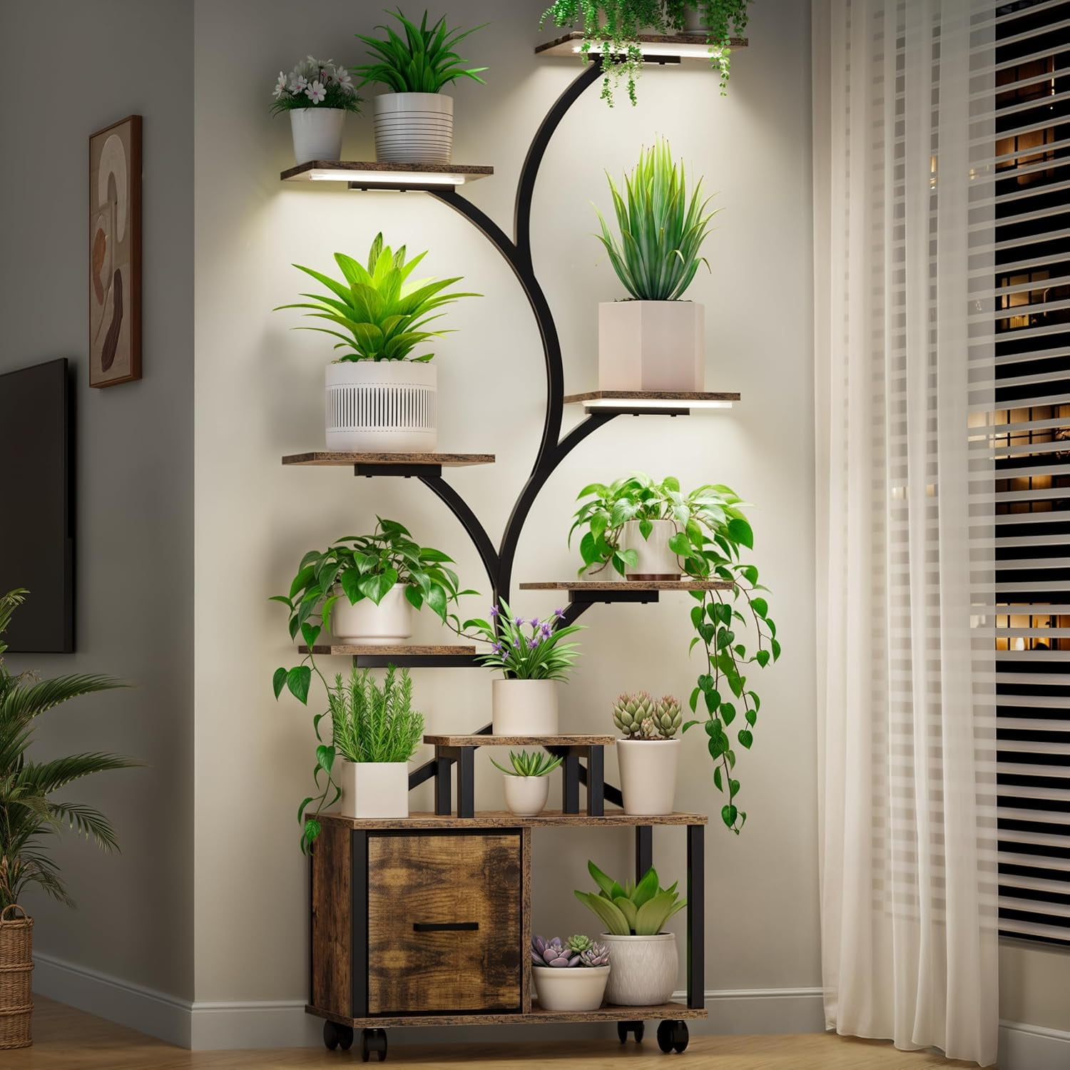 65" Indoor Plant Stand with Grow Lights, Tiered Metal Plant Shelf with ...