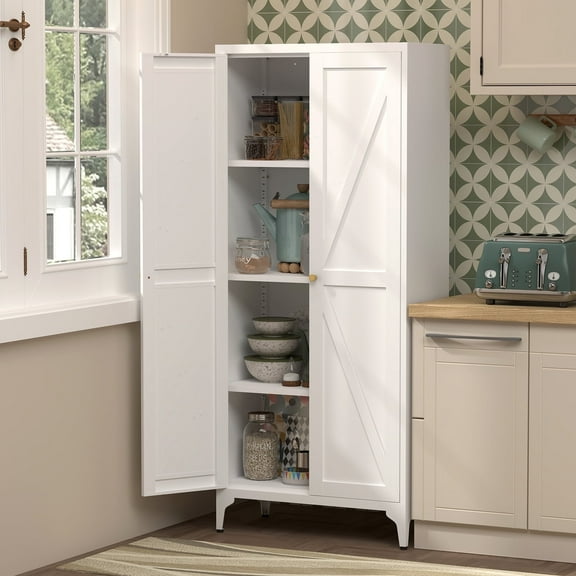 61" Kitchen Pantry Cabinet, Farmhouse Metal Storage Cabinet with 2 ...
