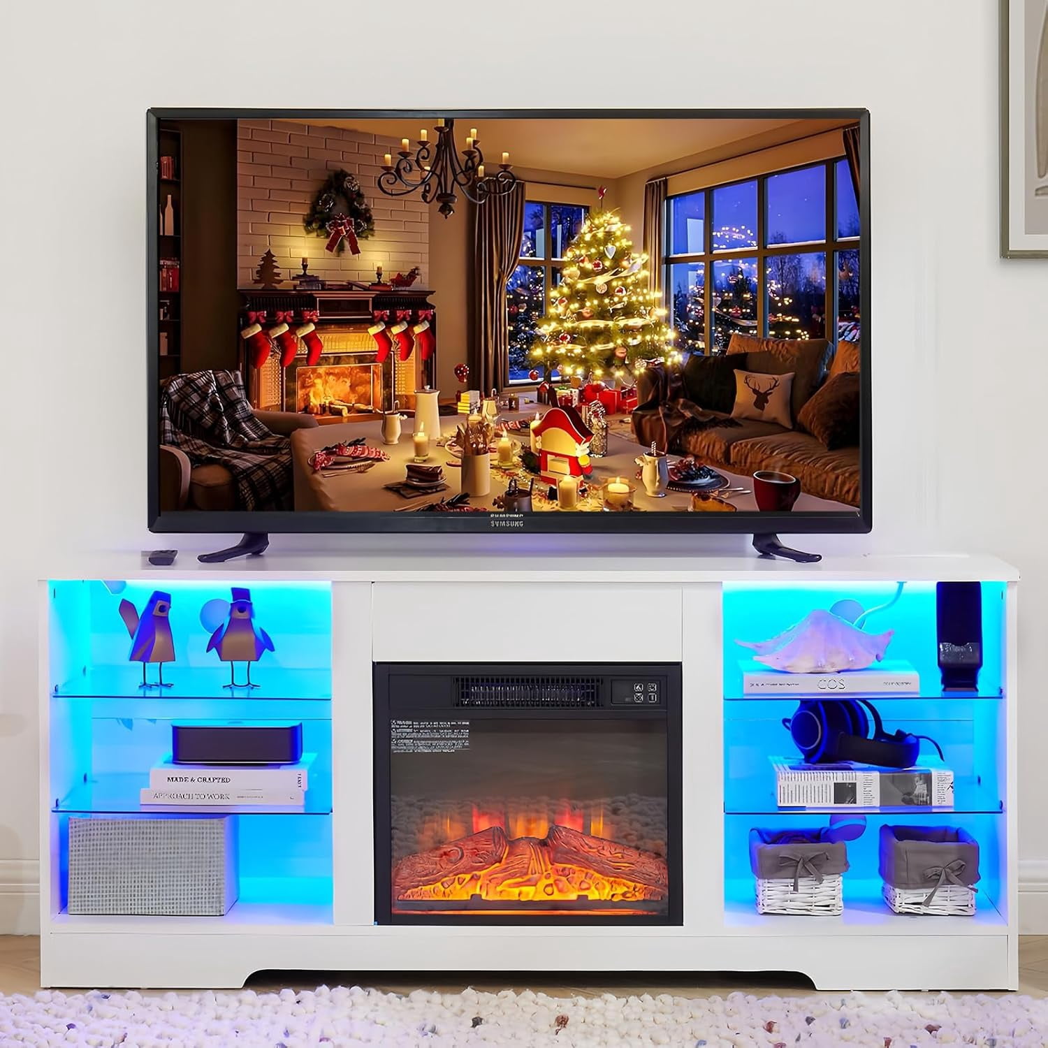 65"+LED Lights Fireplace TV Stand w/ 18'' Electric Fireplace, Modern ...