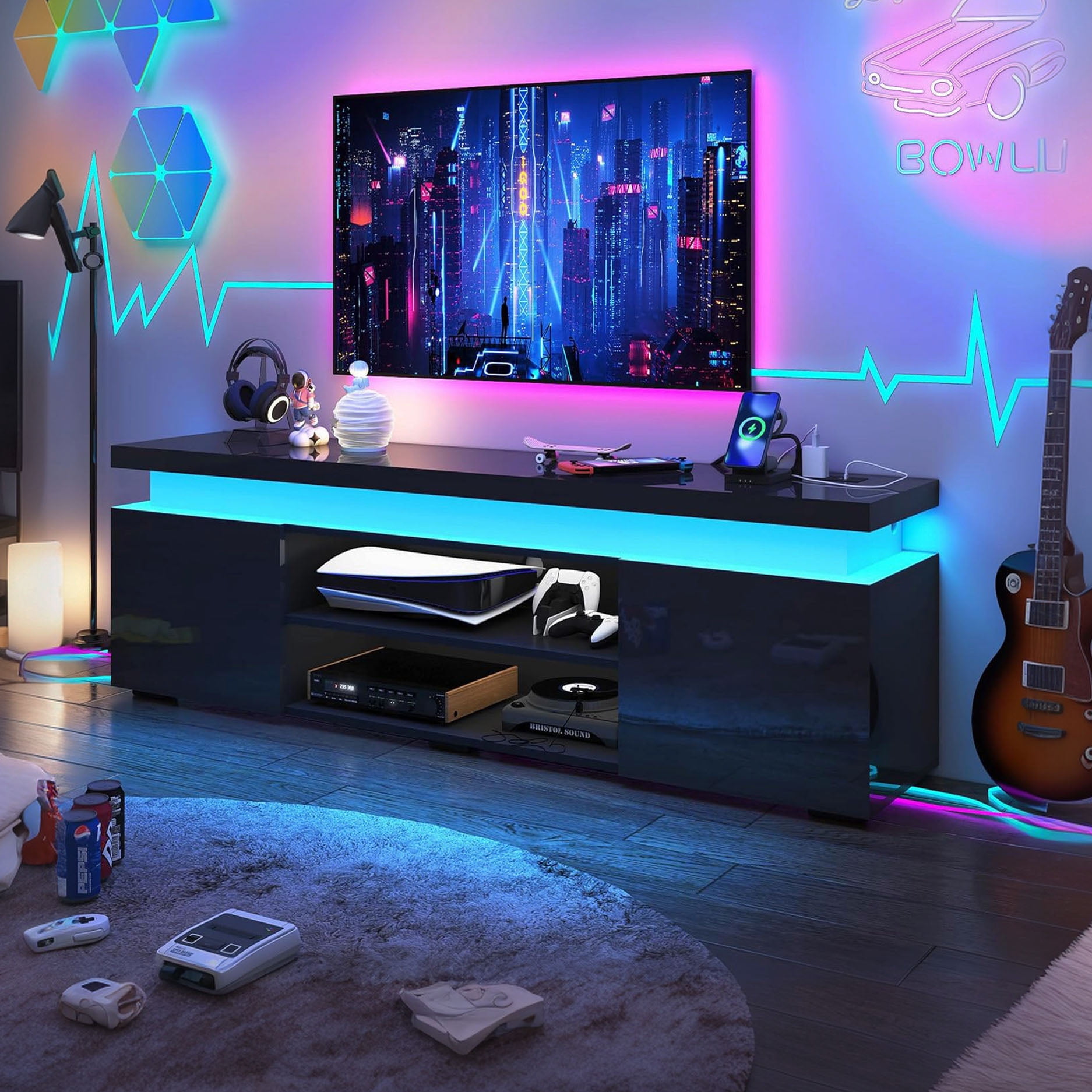 65" LED TV Stand with Power Outlet for up 75" TVs, Modern Large ...