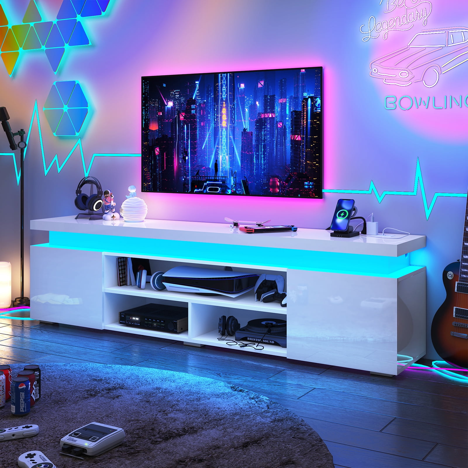 65" LED TV Stand with Power Outlet for up 75" TVs, Modern Large ...