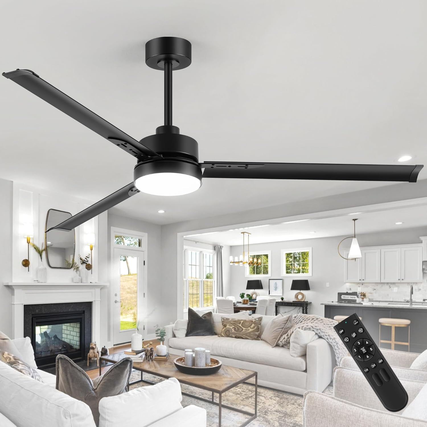 65" Large Black Ceiling Fans with Lights Remote Control, 3 Aluminum ...