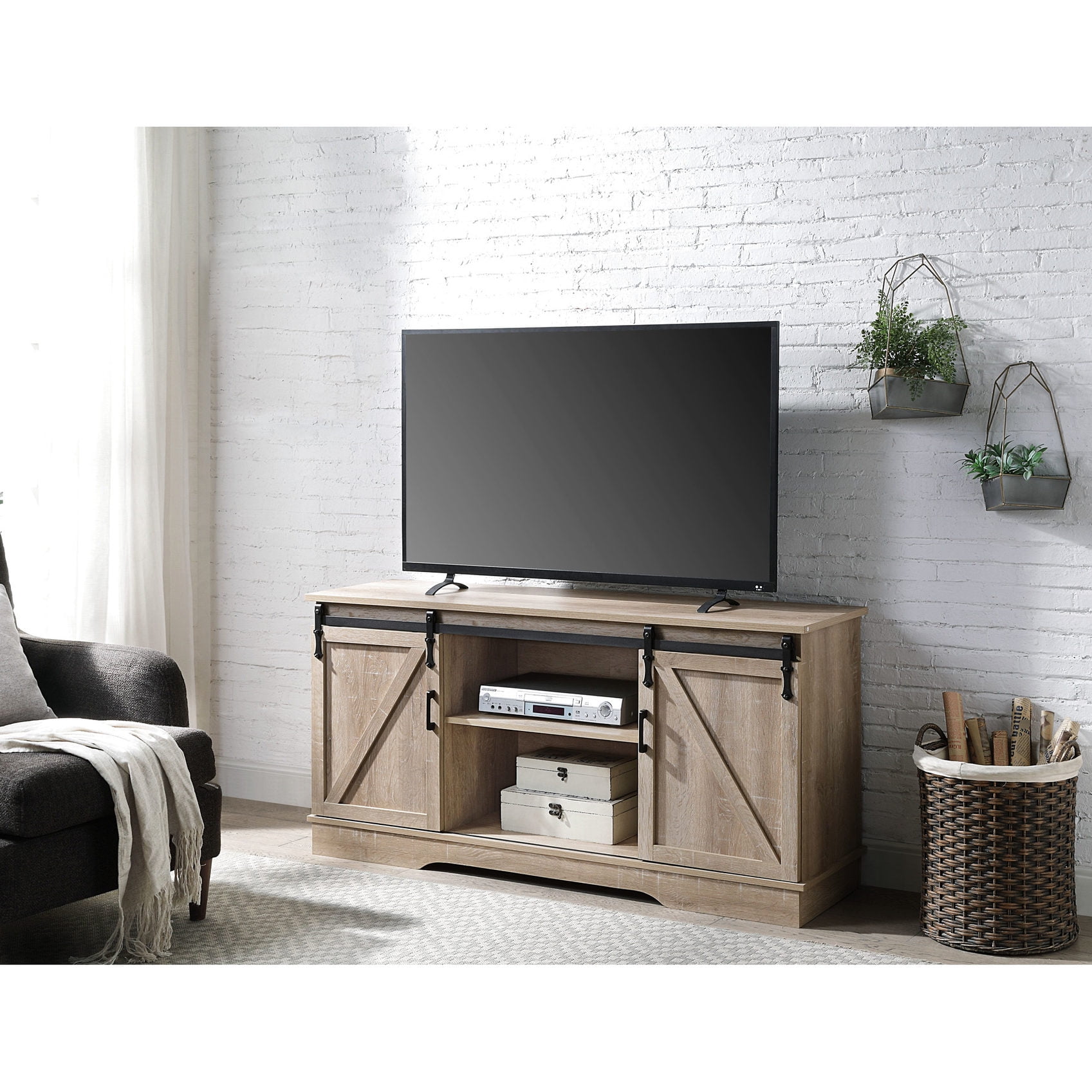 65" Max TV Size Oak Finish Rectangular TV Stand | Composite Wood and ...