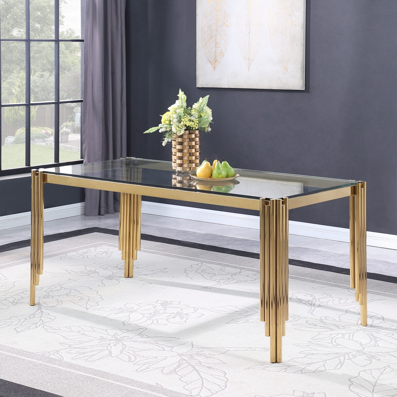 65" Modern Rectangular Tempered Glass Dining Table with Gold Metal Legs ...