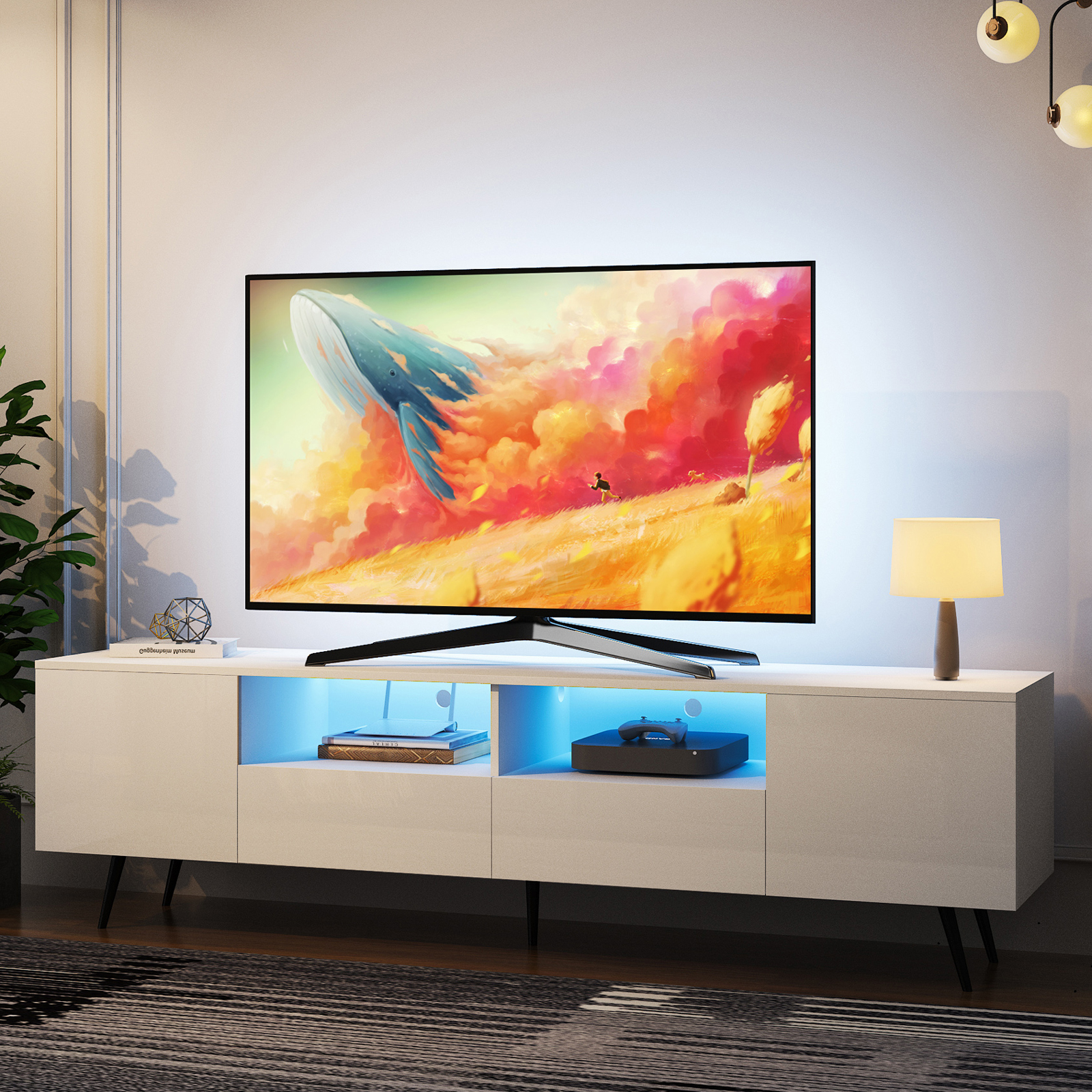 65" Modern TV Stand, 16 Colors LED TV Stand w/Remote Control Lights, TV ...