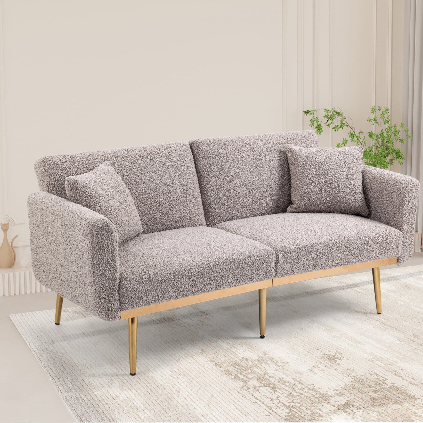 65" Modern Teddy Fleece Upholstered Sofa With Adjustable Backrest And 2 ...