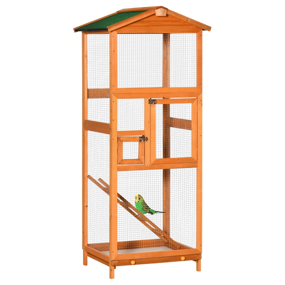 65” PawHut Wooden Bird Aviary Cage with Pull-Out Tray 2 Doors Easy Clean - Walmart.com