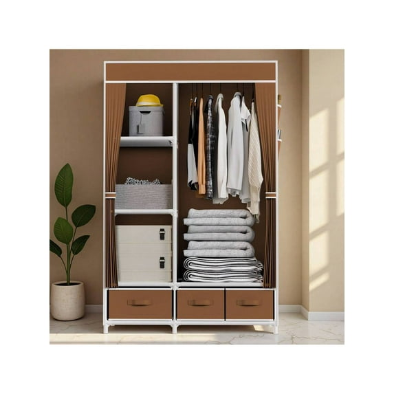 65" Portable Non-Woven Fabric Closet Wardrobe with Hanging Rod，Easy ...