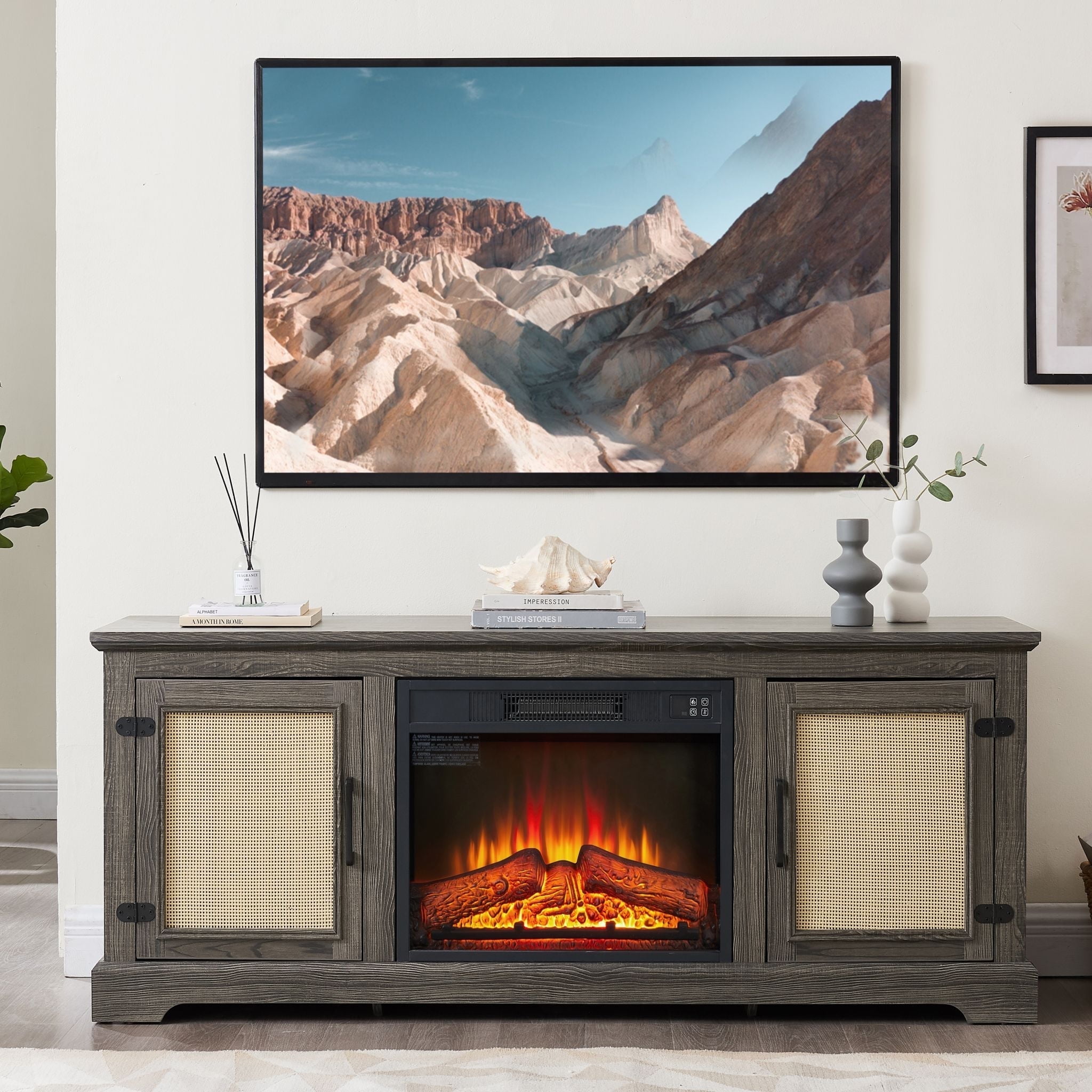 65" Rattan Fireplace TV Stand for TVs Up to 75 Inches, Mid Century ...