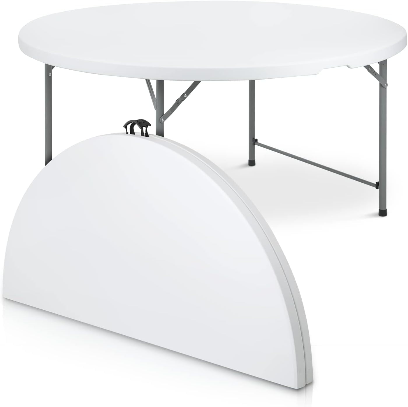 65" Round Folding Table Plastic Dining Card White Table with Carrying ...