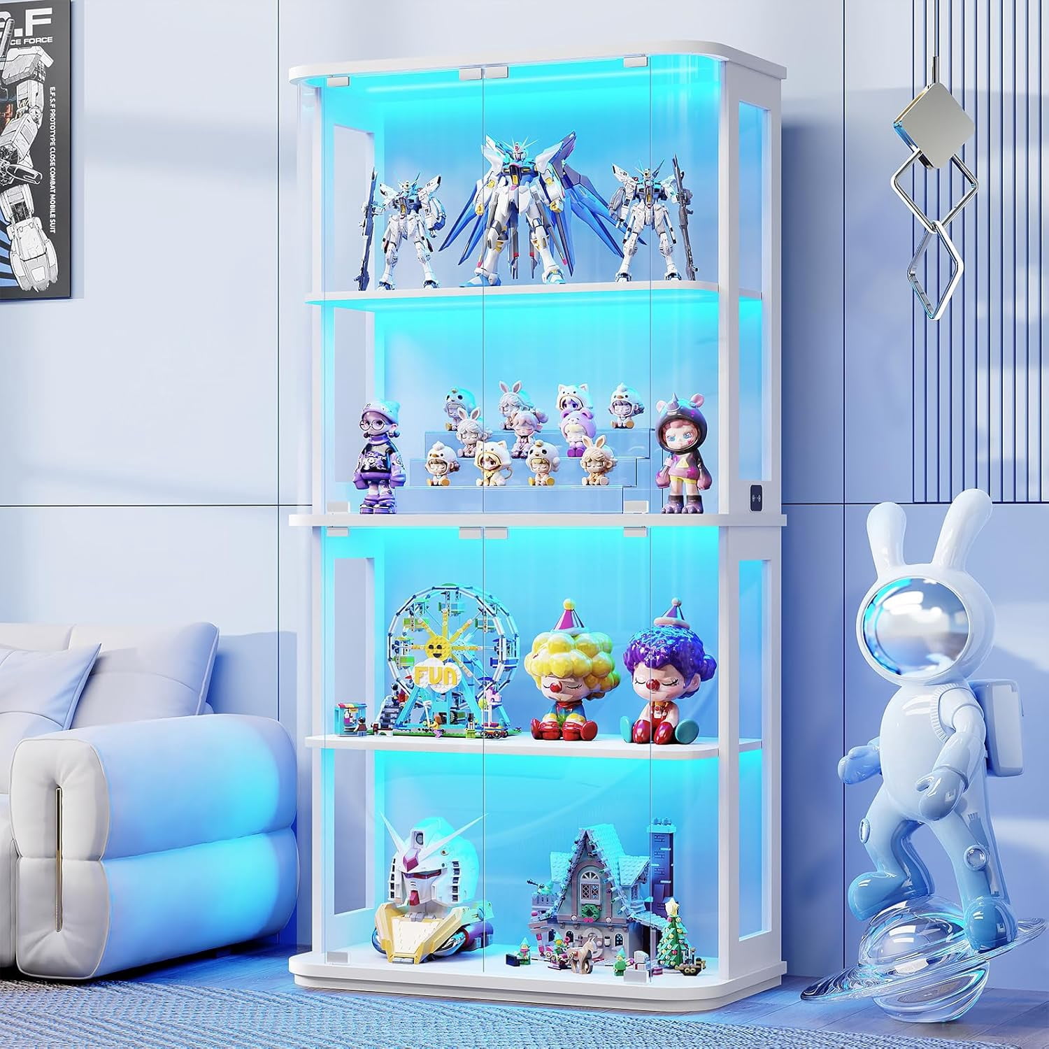 65" Rounded Display Cabinet with Glass Door, 4-Tier Curio Cabinet with ...