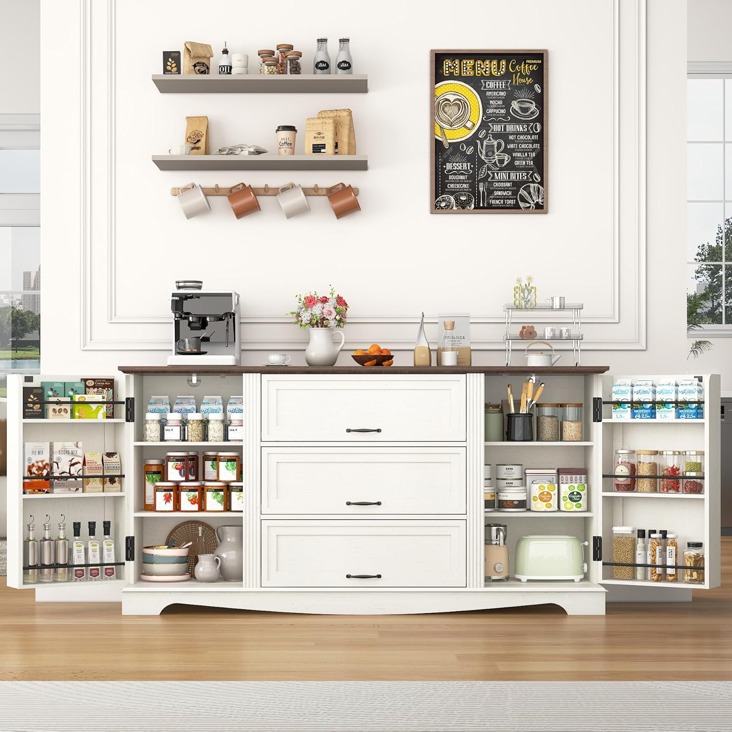 65" Sideboard Buffet Cabinet with Storage, Farmhouse Kitchen Pantries ...