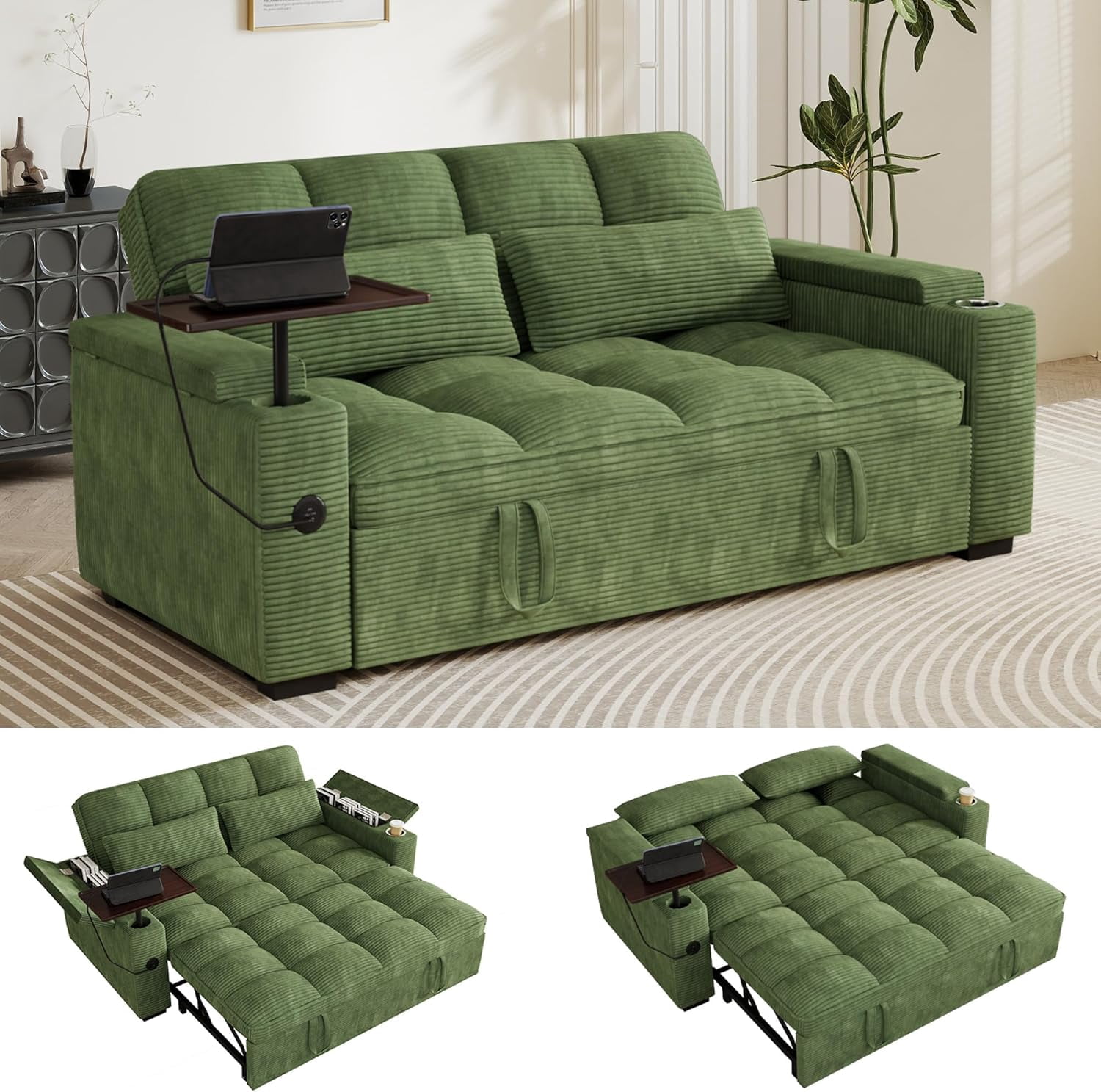 65'' Sleeper Sofa with Pull Out Bed, 3 in 1 Convertible Sofa with Cup ...