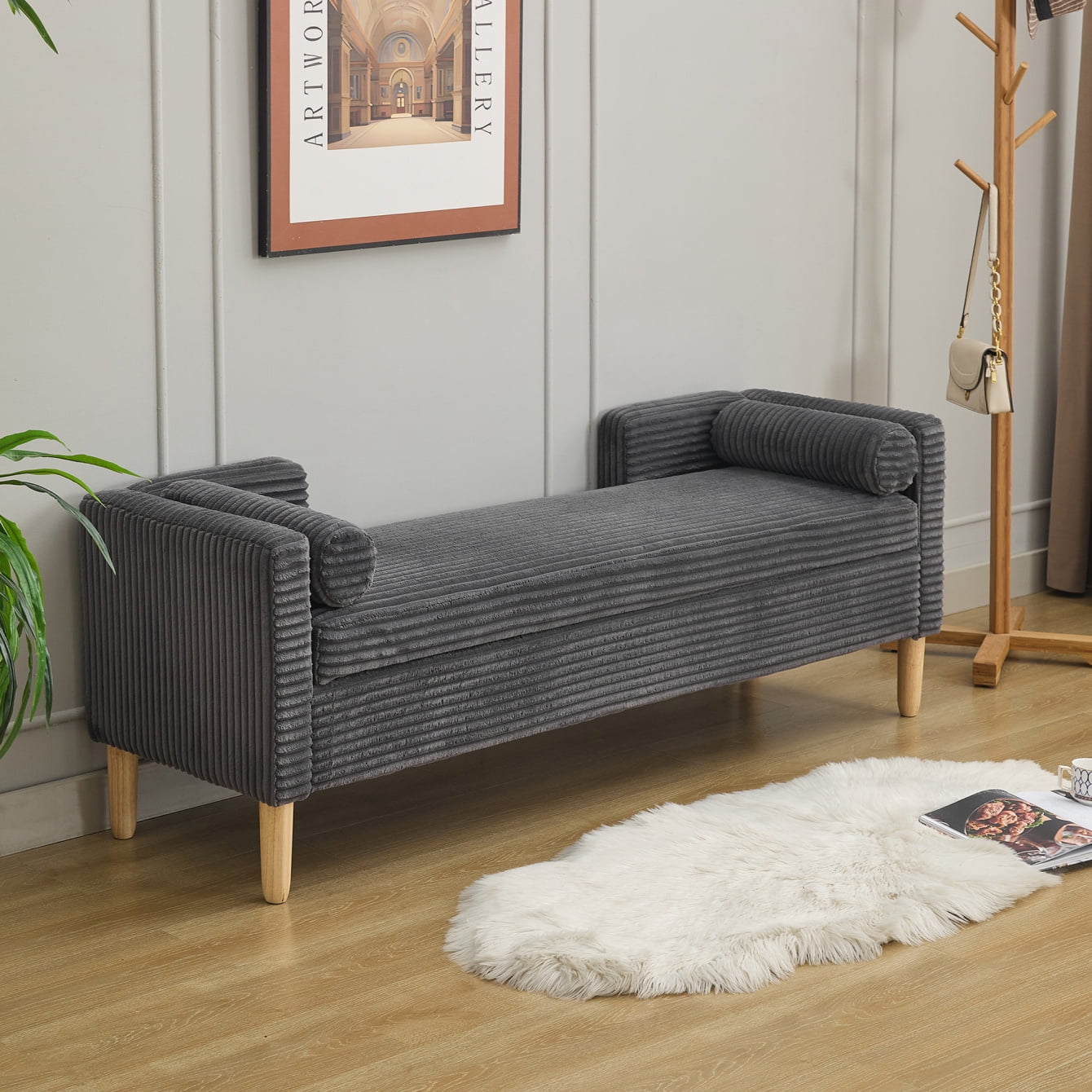 65" Storage Ottoman Bench, End of Bed Bench with Armrests, Backrests ...
