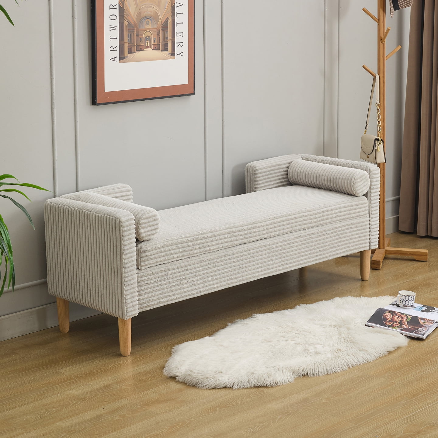 65" Storage Ottoman Bench, End of Bed Bench with Armrests, Backrests ...