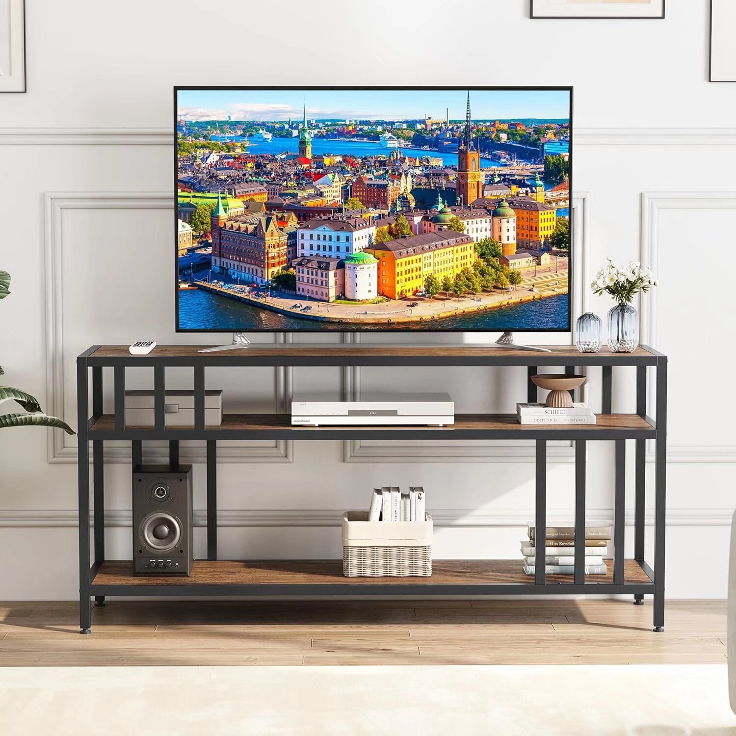 65" TV Stand for 60/65/75-Inch TVs, Wood Texture Media Control Center ...